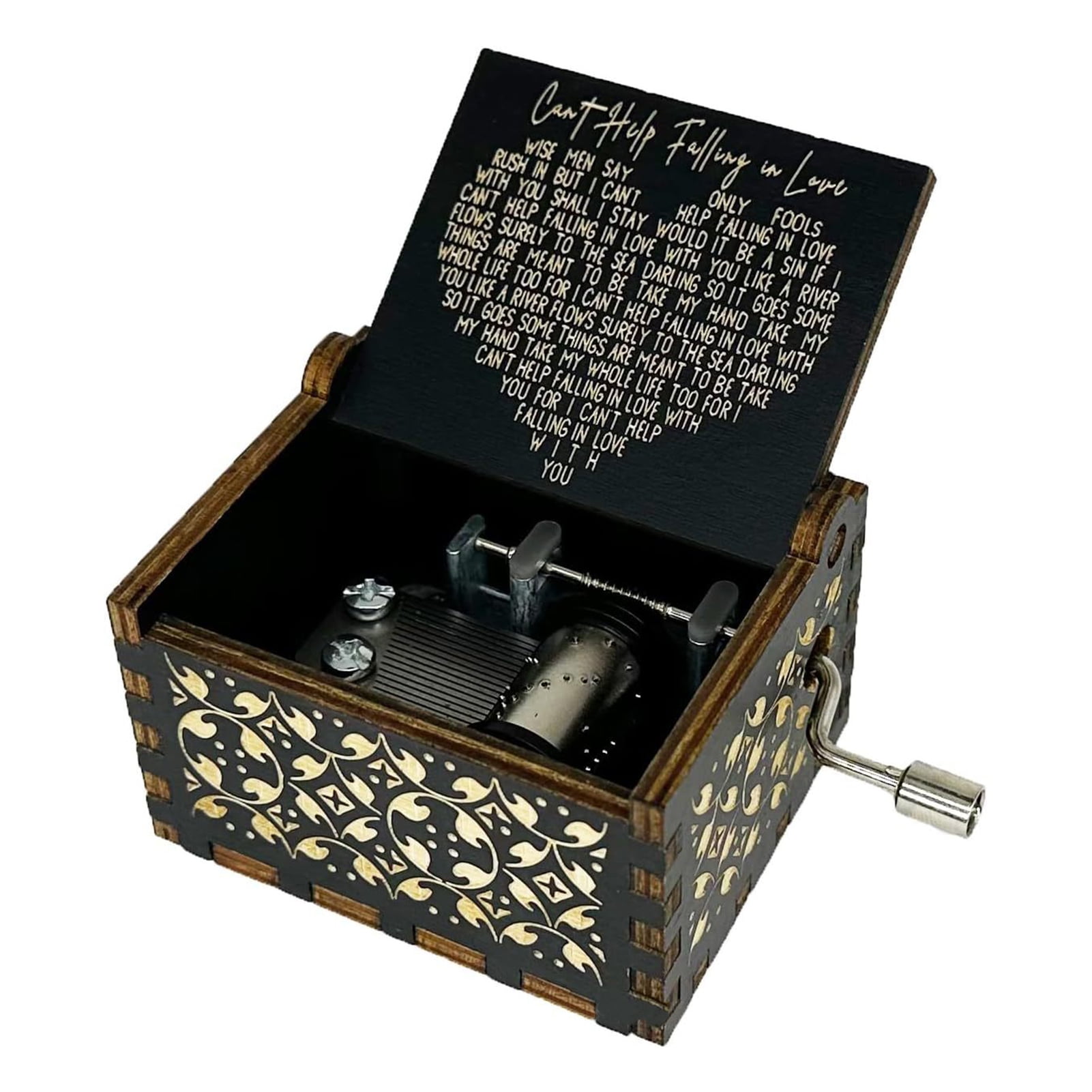 Kitem Wooden Music Box Manual Handle Soothing Melody Engraved Words ...