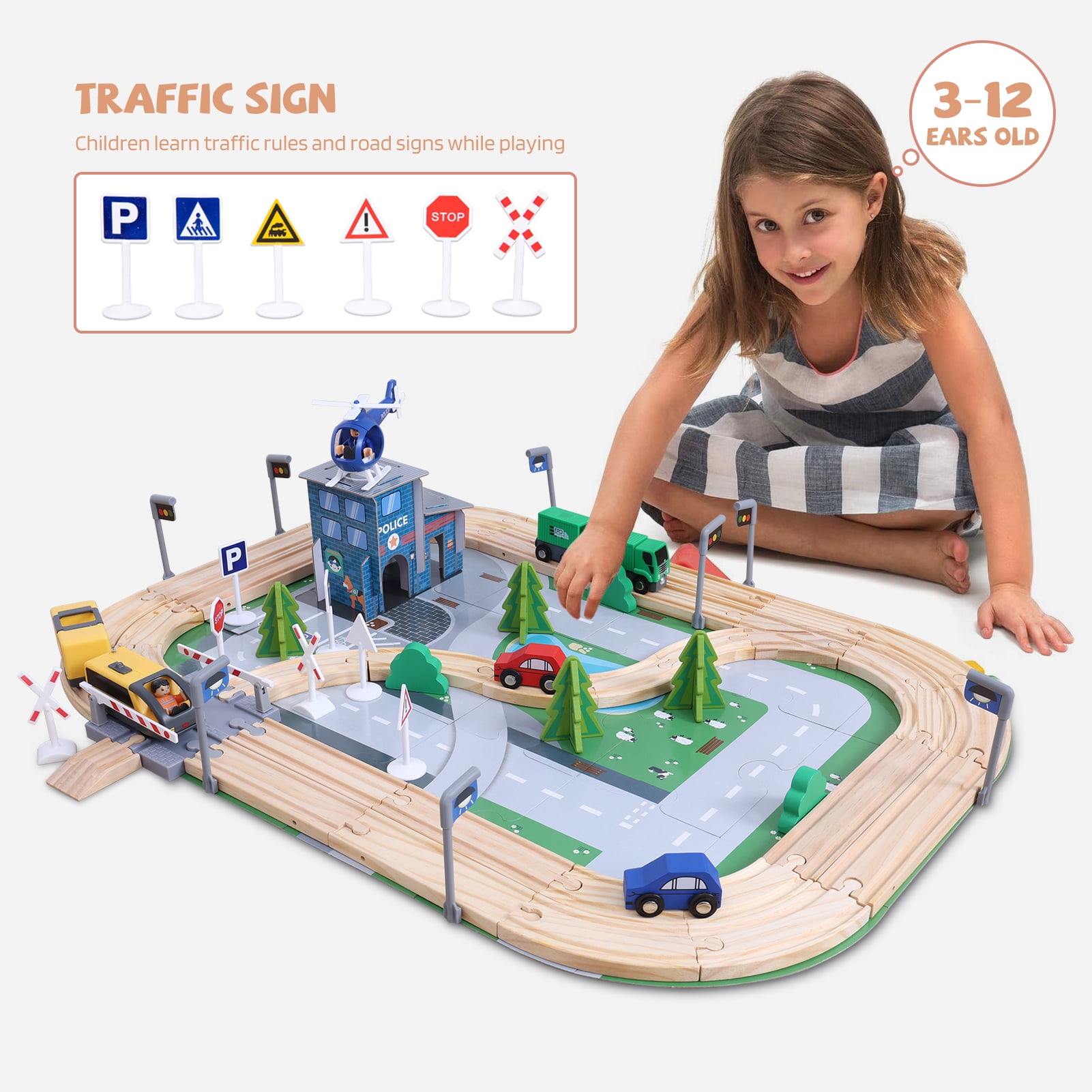 Kitem Wooden Train Track 108 Piece Set for Toddler Kids Wood Toy Train ...