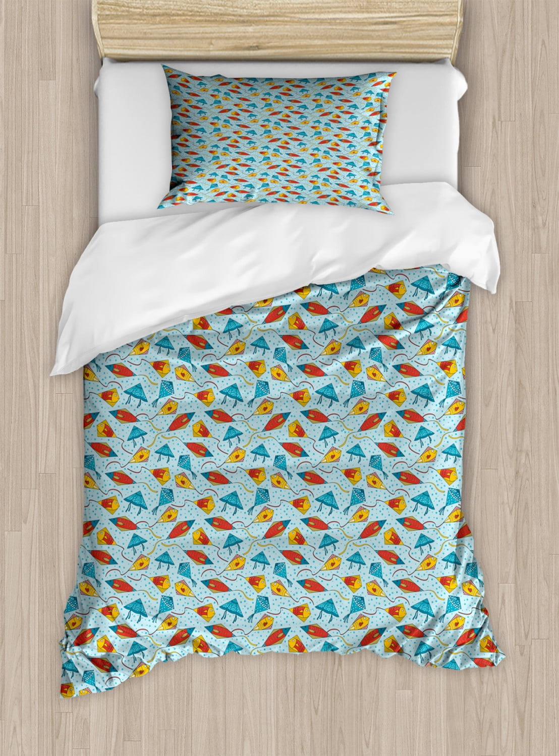 Kites Duvet Cover Set Twin Size, Fish Kites with Scales and Stripes on ...