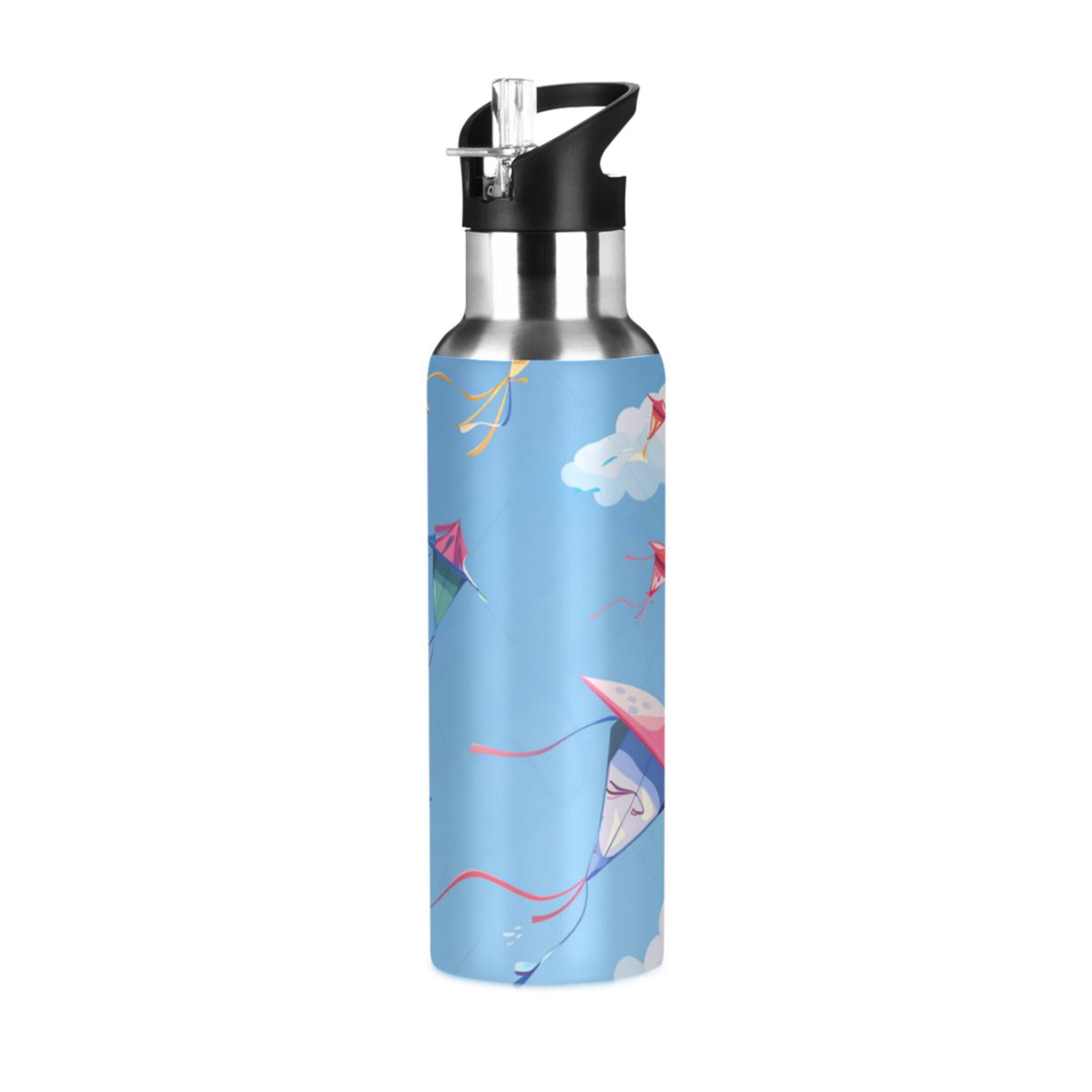 Kites and Clouds Sports Bottle with Straw Stainless Steel Water Jug ...