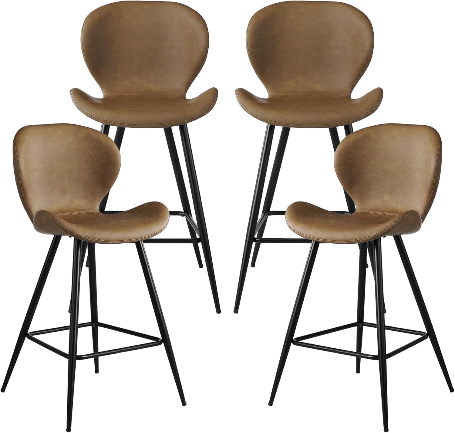 KithKasa Brown Leather Counter Height Bar Stools Set of 4, Mid Century ...