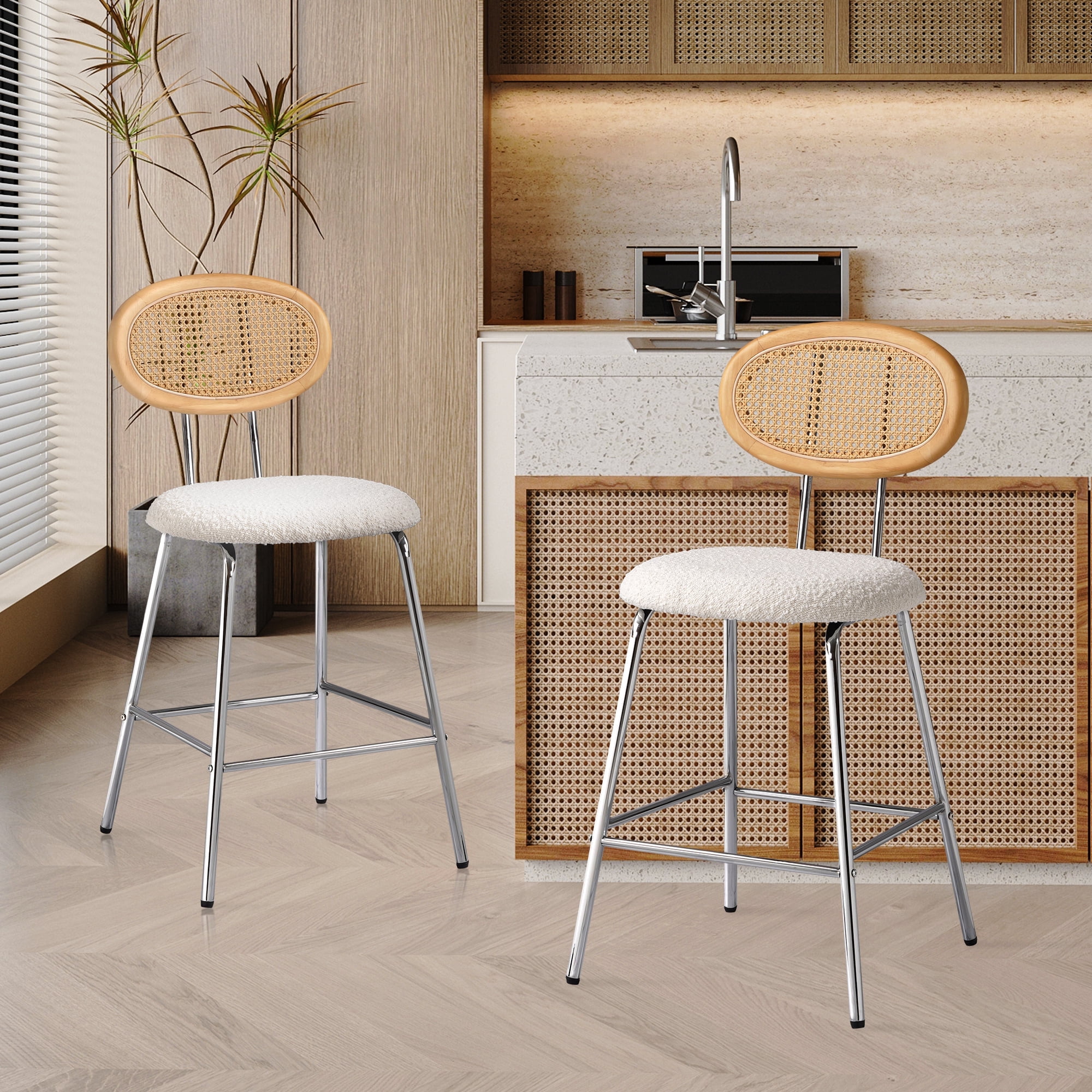 KithKasa Mid Century Modern Rattan Backrest Dining Chair, white Boucle ...