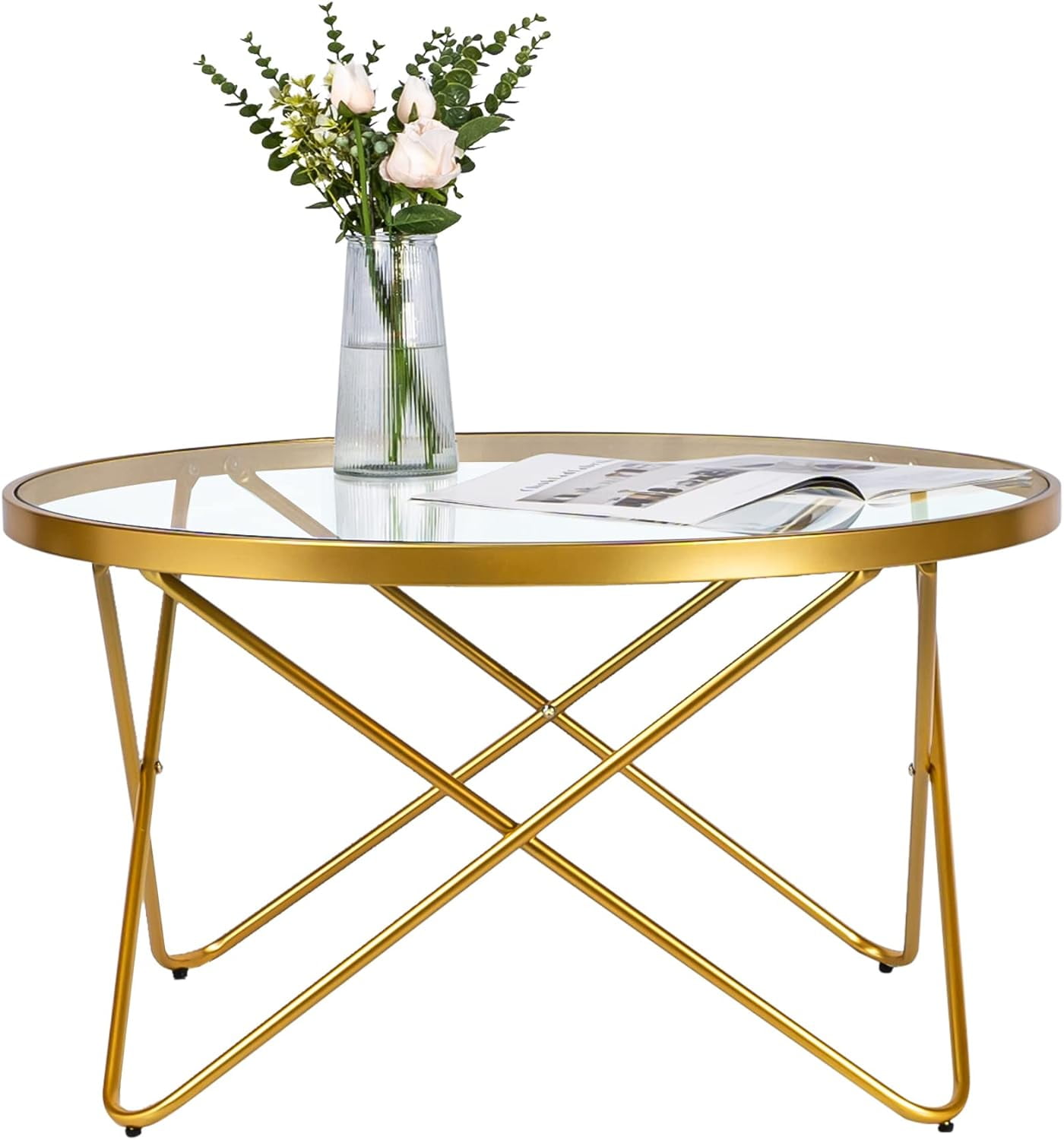 KithKasa Mid Century Modern Round Clear Glass and Gold Coffee Table ...