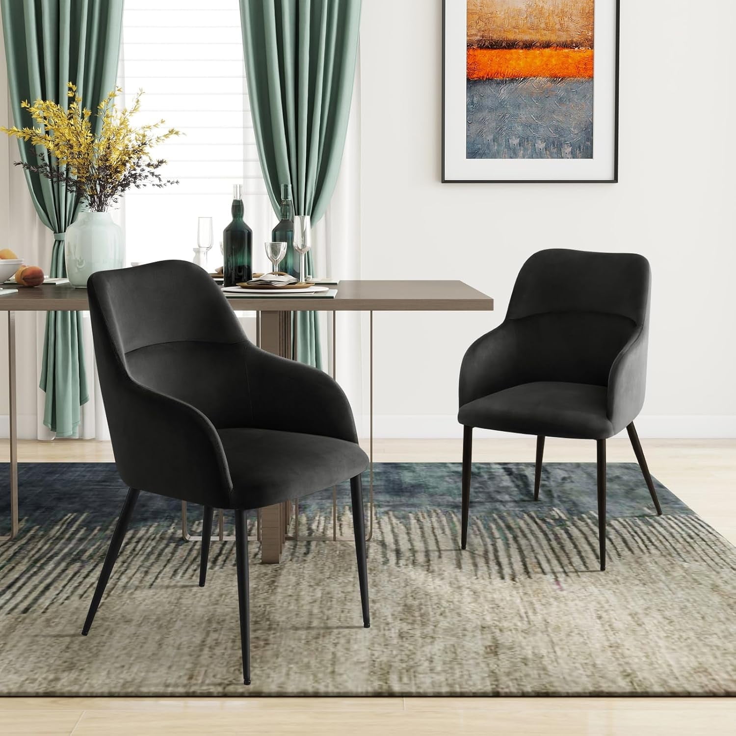 KithKasa Modern Accent Dining Chairs Set of 2, Black Velvet Arm Kitchen ...