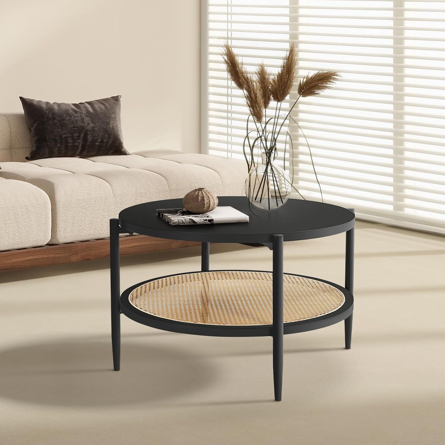 KithKasa Round Rattan Coffee Table with Storage, Modern 2-Tier Wood ...