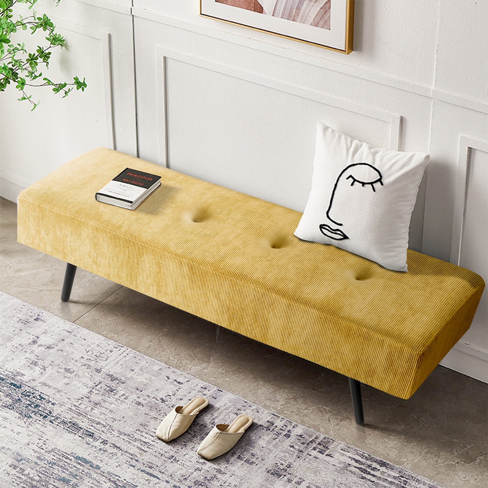 Kithkasa Modern Entryway Bench,Corduroy Seat for End of Bed,Yellow ...