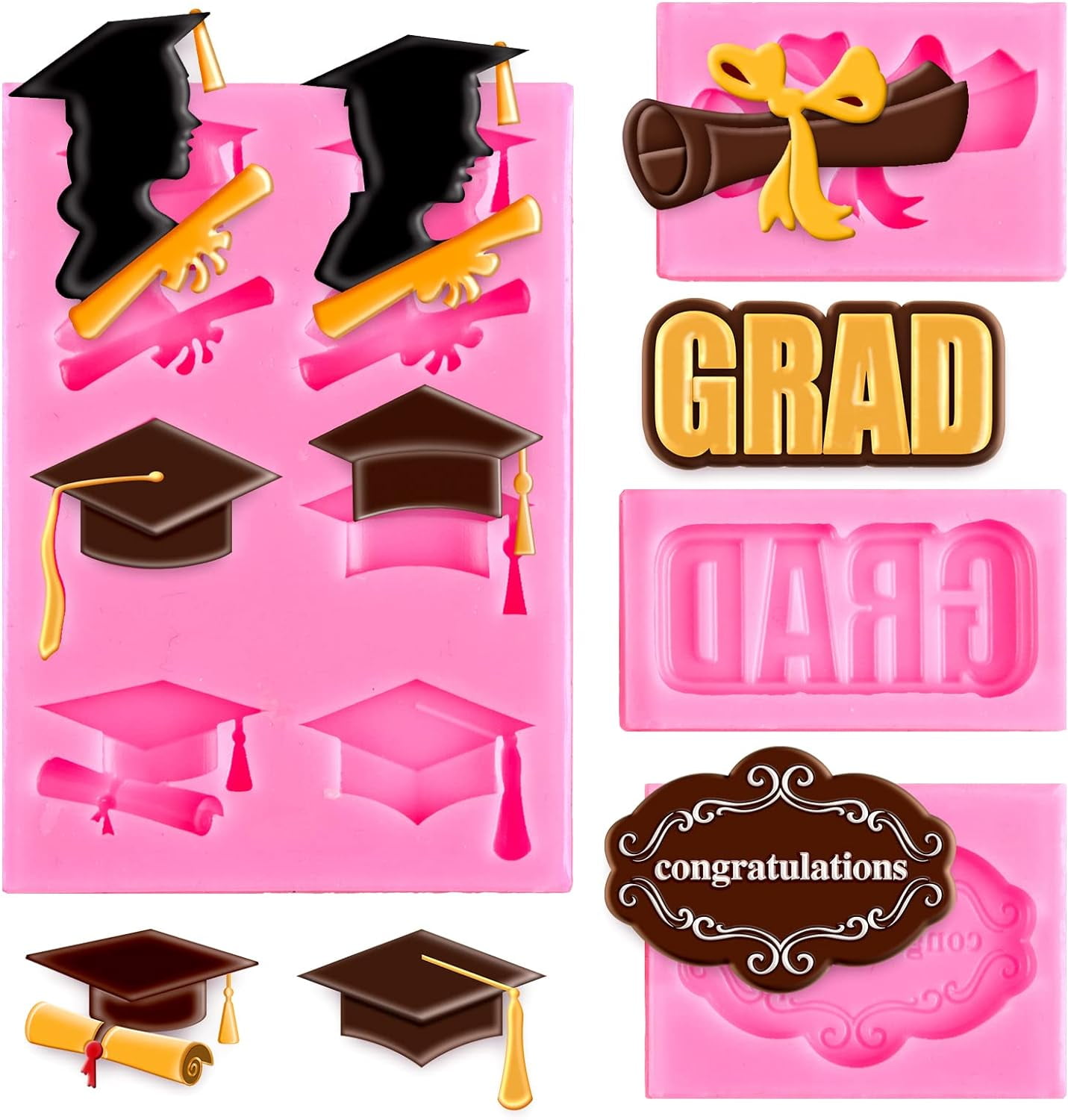 Kithwaro 4 Pack Graduation Fondant Molds Silicone Cap Diploma mould ...
