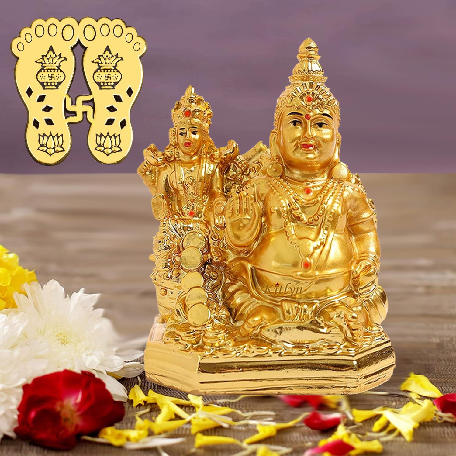 Kitlyn Poly Resin Lord Kuber with Devi Lakshmi Statue for Wealth and HarmonyGod kuber Idol Murti ...