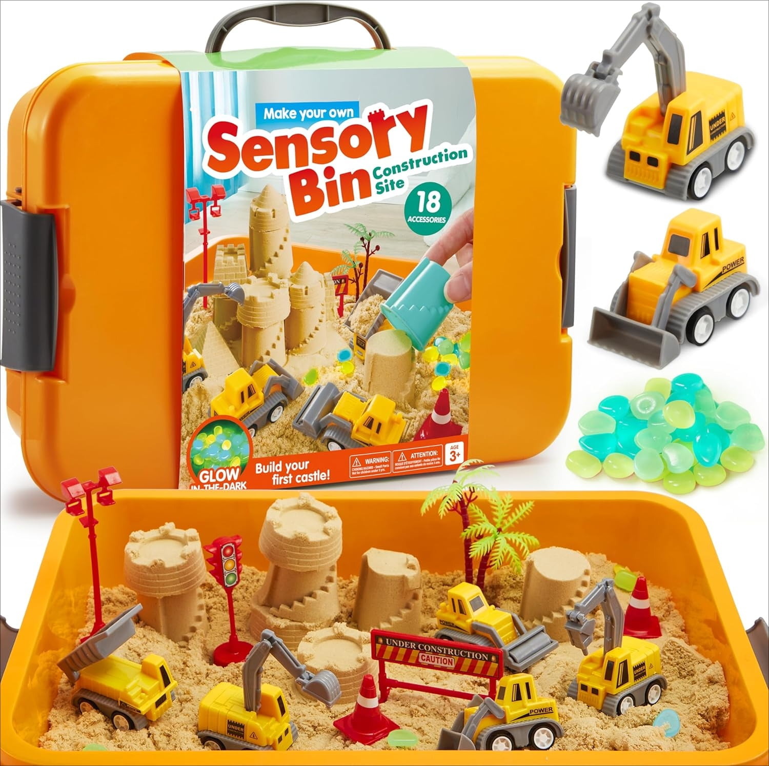 Kits Construction Sensory Bin for Toddlers with Glow in The Dark Stones, Sandbox with Lid Castle ...