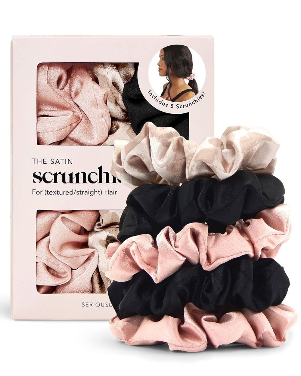Kitsch Satin Hair Scrunchies for Women, 5 Pack Assorted, Soft Satin ...