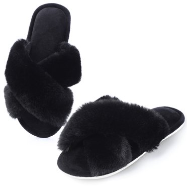 LORDFON Open Toe Cross Band Womens House Slippers Fluffy Indoor Slip On Slippers - Walmart.com