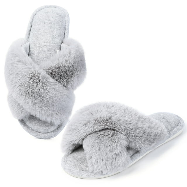 Kitsin Fuzzy Cross Band Slippers Soft Plush Furry Fur House Shoes Open Toe Cozy Indoor Outdoor ...