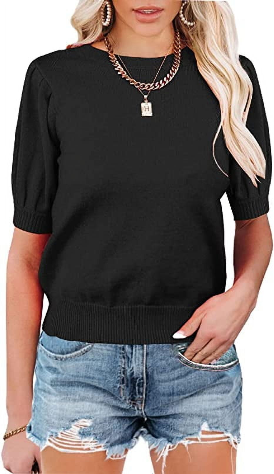 Kitsin Womens Puff Short Sleeve Sweater Tops Crewneck Basic Knit ...