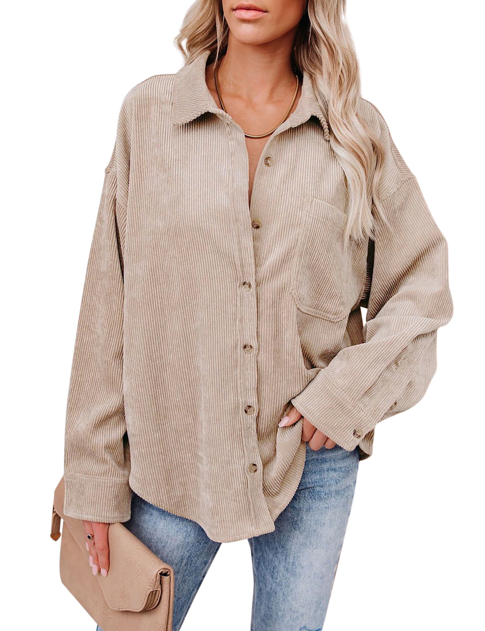 Kitsin Womens Thin Corduroy Button Down Shacket Long Sleeve Corduroy ...