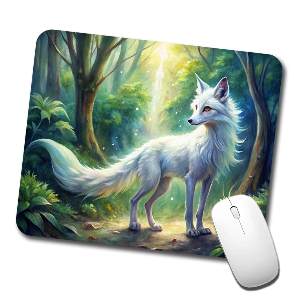 Kitsune White Fox Fantasy Japanese In Forest Watercolor Mouse Pad Low ...