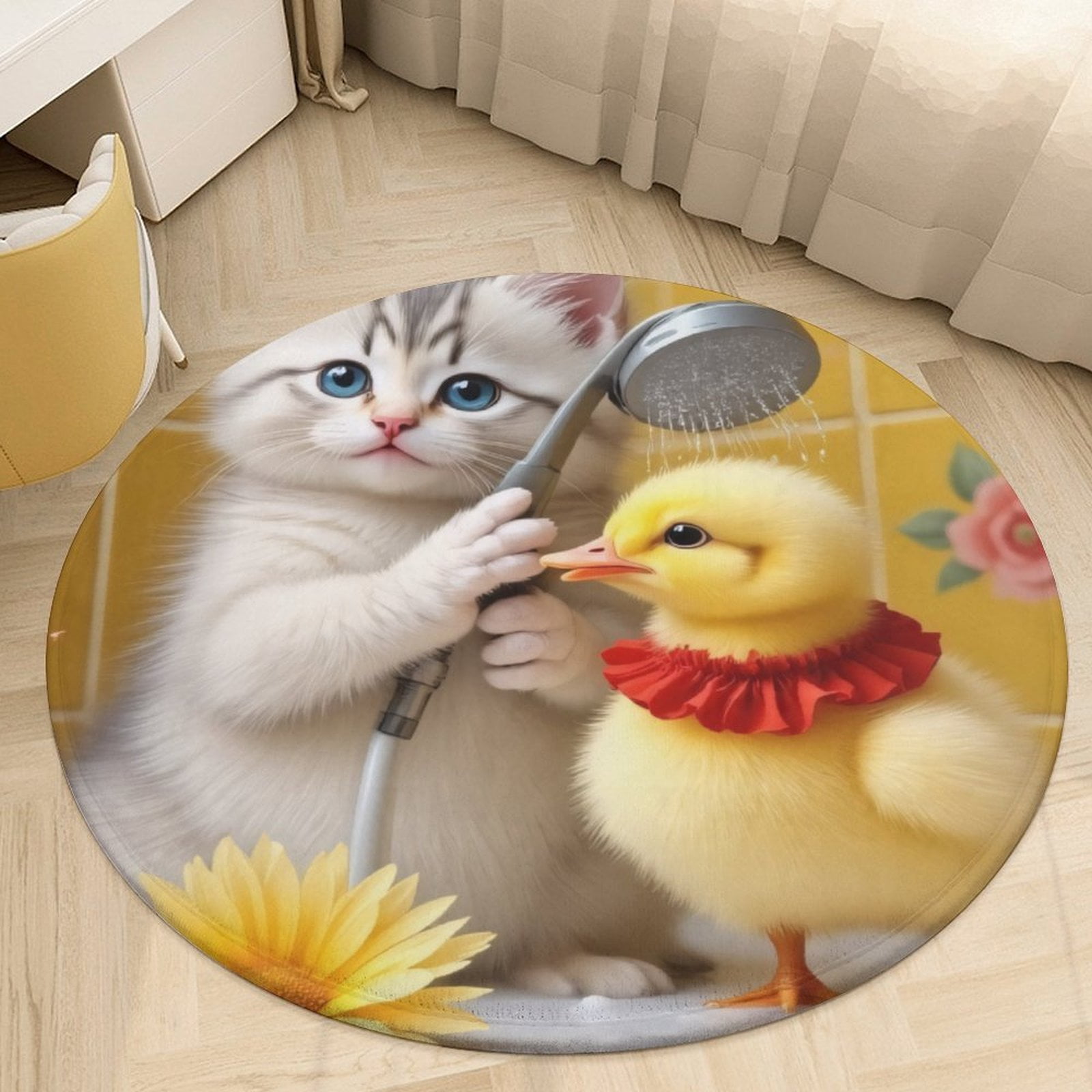Kitten And Chick Showering Round Area Rugs for Bedroom Living Room, 4FT ...