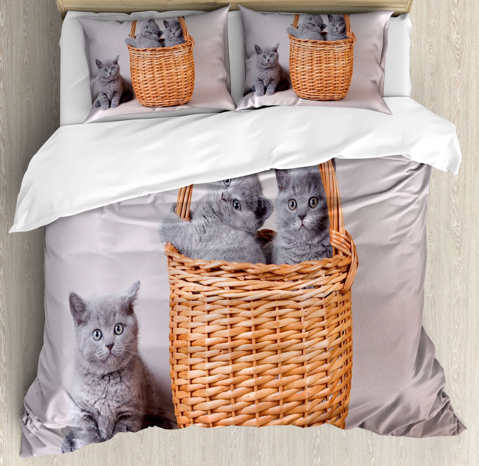 Kitten Duvet Cover Set, 3 British Cats Kitties in Basket Animals Fluffy ...