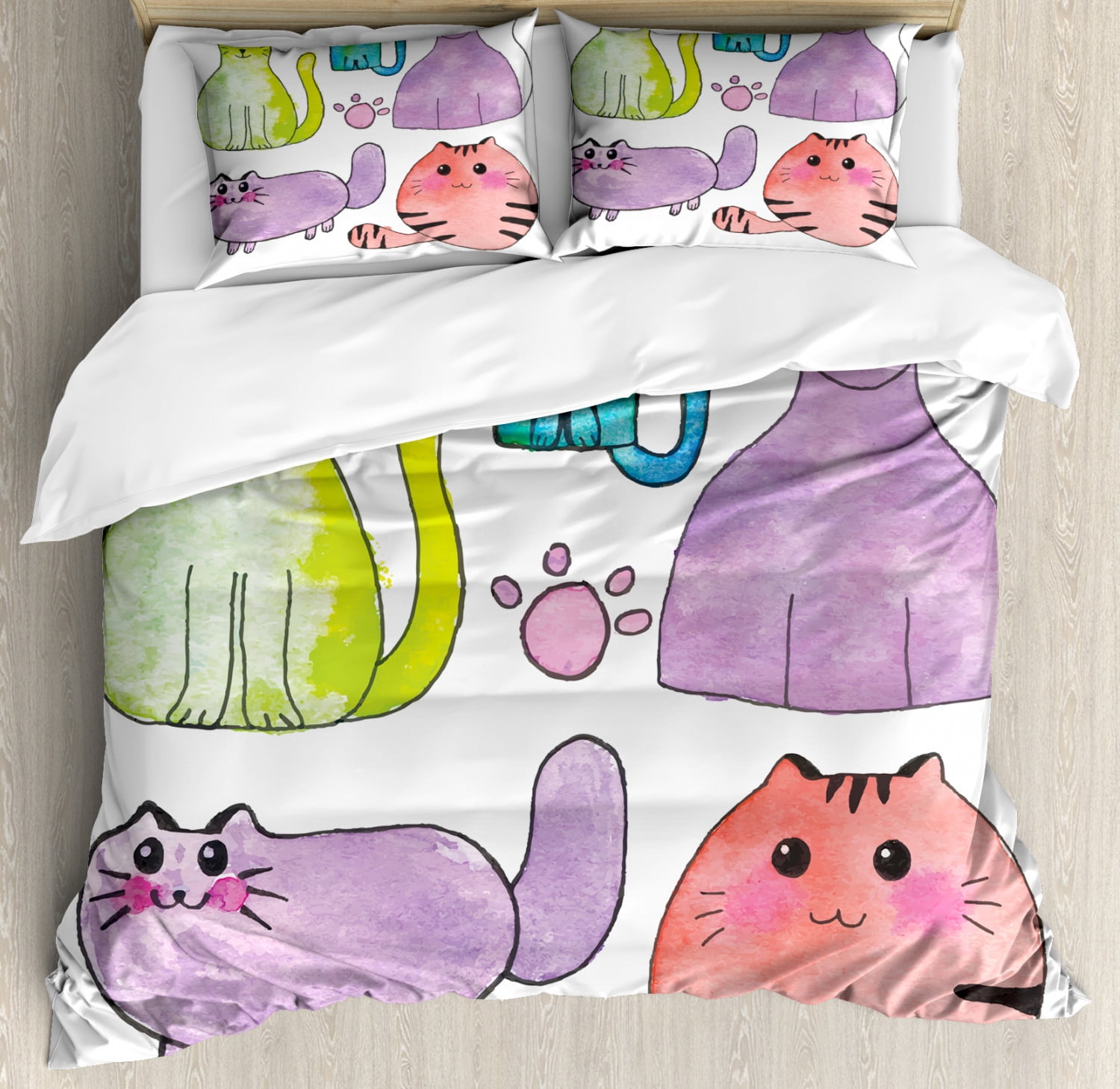 Kitten Duvet Cover Set King Size, Hand Drawn Colorful Cartoon Style ...