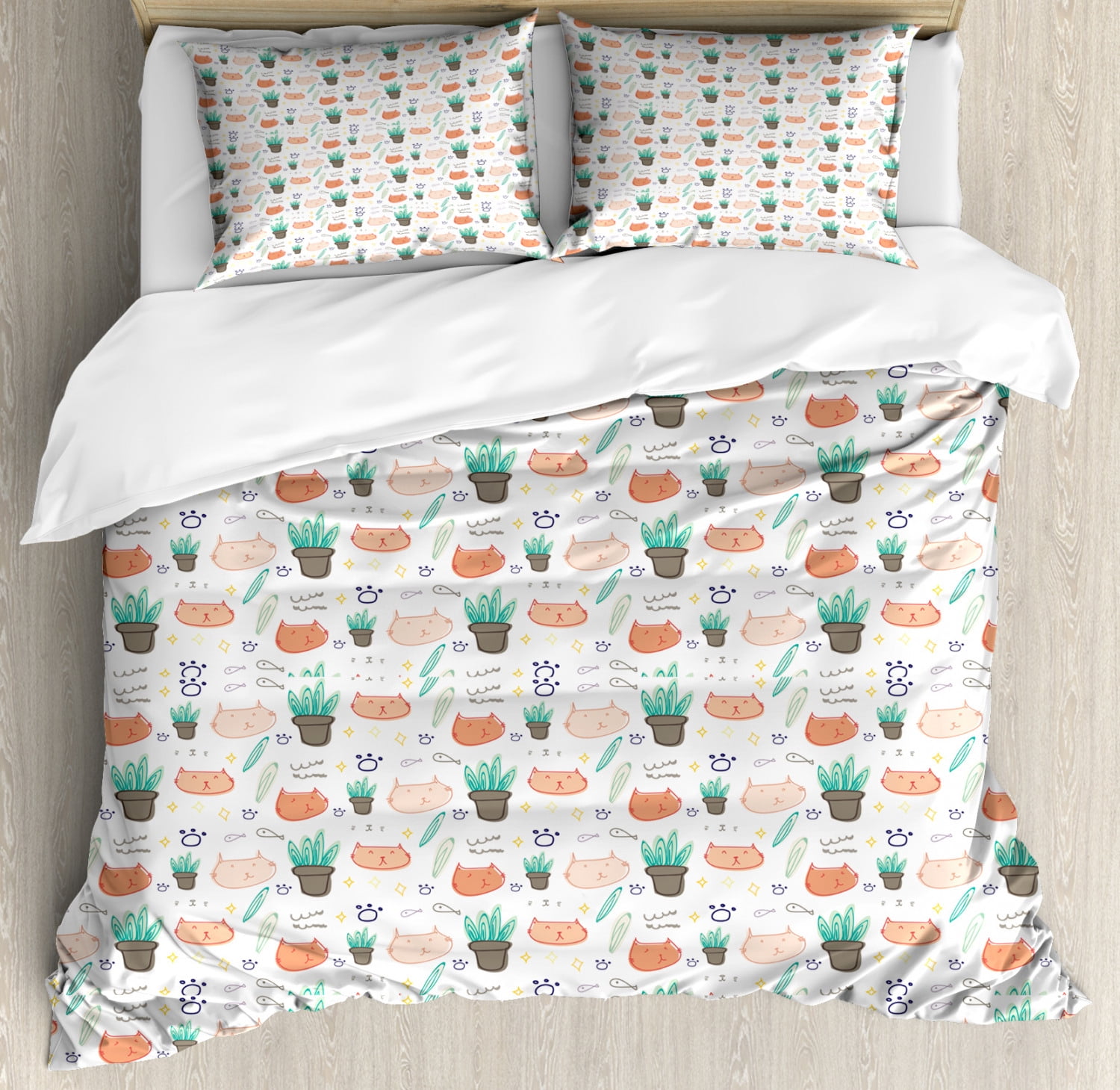 Kitten Duvet Cover Set King Size, Illustration of Cat Faces Plants in ...