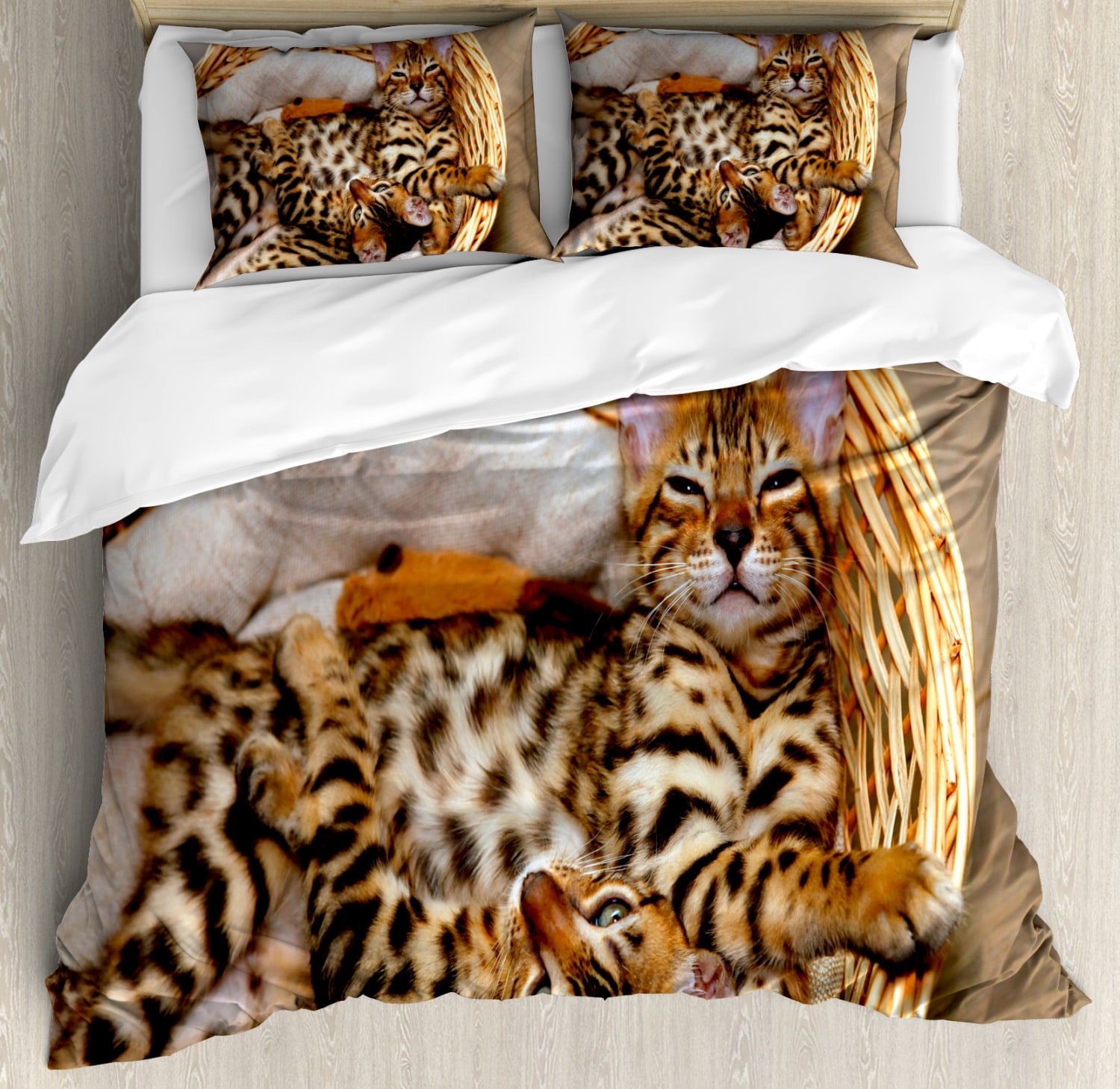 Kitten Duvet Cover Set Queen Size, Little Bengal Cats in Basket Cuddly ...