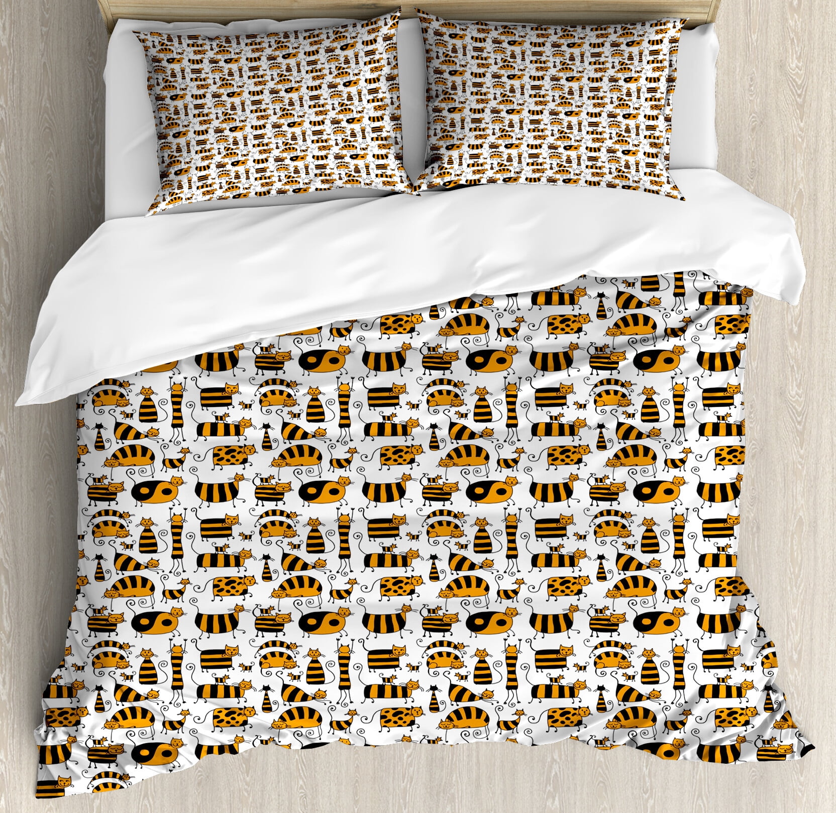 Kitten Duvet Cover Set, Repetitive Striped Cats Family Cartoon on Plain ...