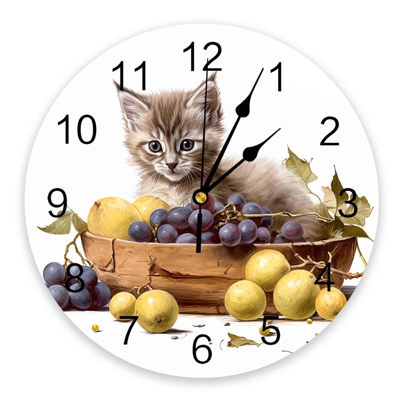 Kitten Fruit Grapes Wall Clock Large Modern Kitchen Dinning Round Wall ...