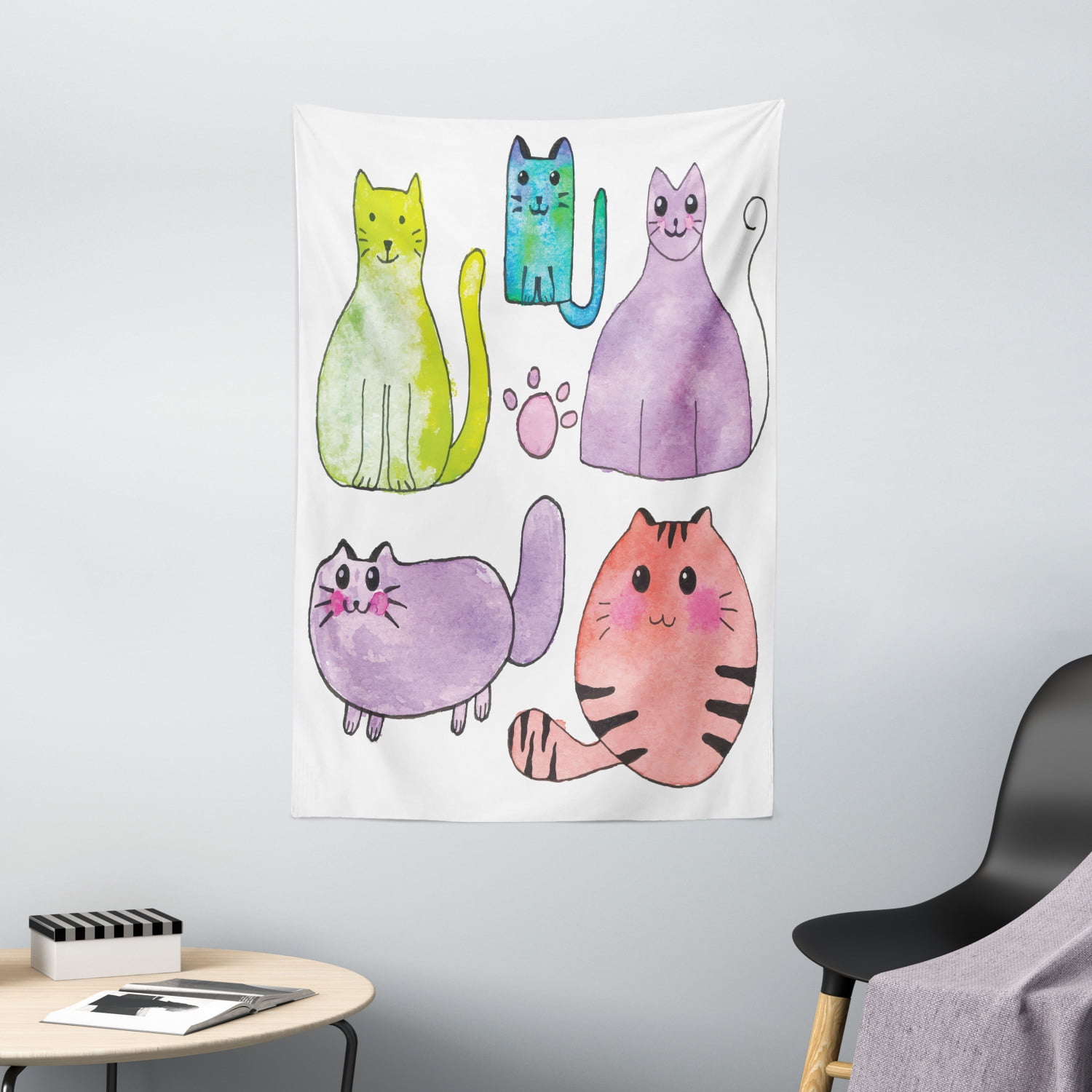 Kitten Tapestry, Hand Drawn Set of Colorful Cartoon Style Cute Domestic ...