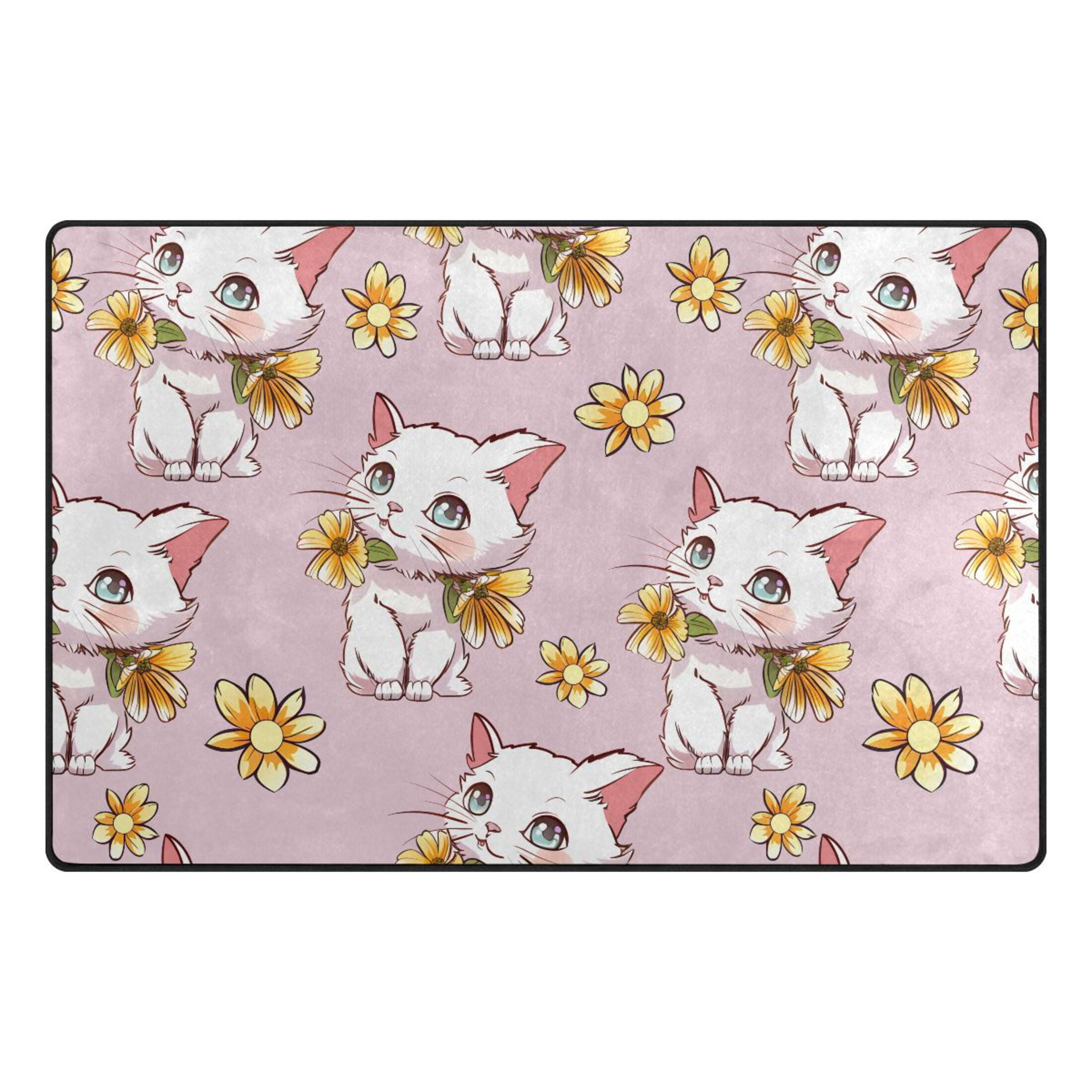 Kitten Yellow Flower Pattern Memory Foam Area Rug 31"x20" Non Slip ...
