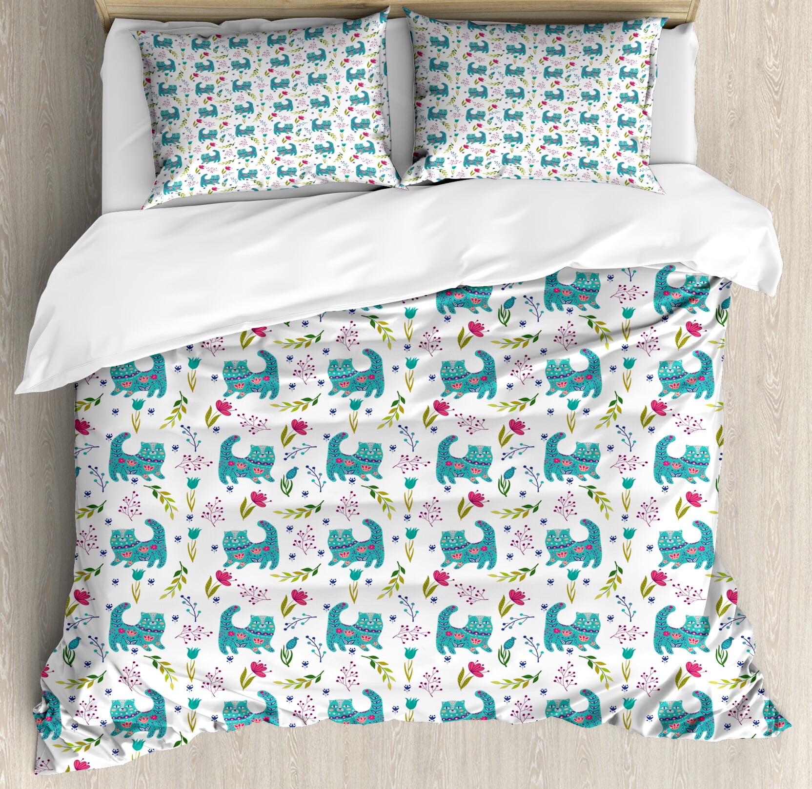 Kittens Duvet Cover Set, Folkloric Ornamental Happy Cat Pattern with ...