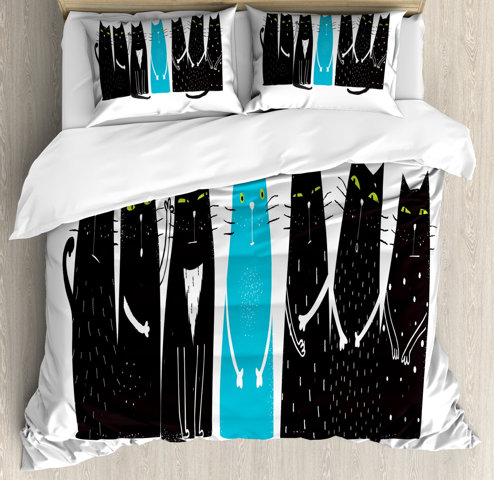 Kittens Duvet Cover Set, Funny Cats with Standing Doodle Design Blue ...