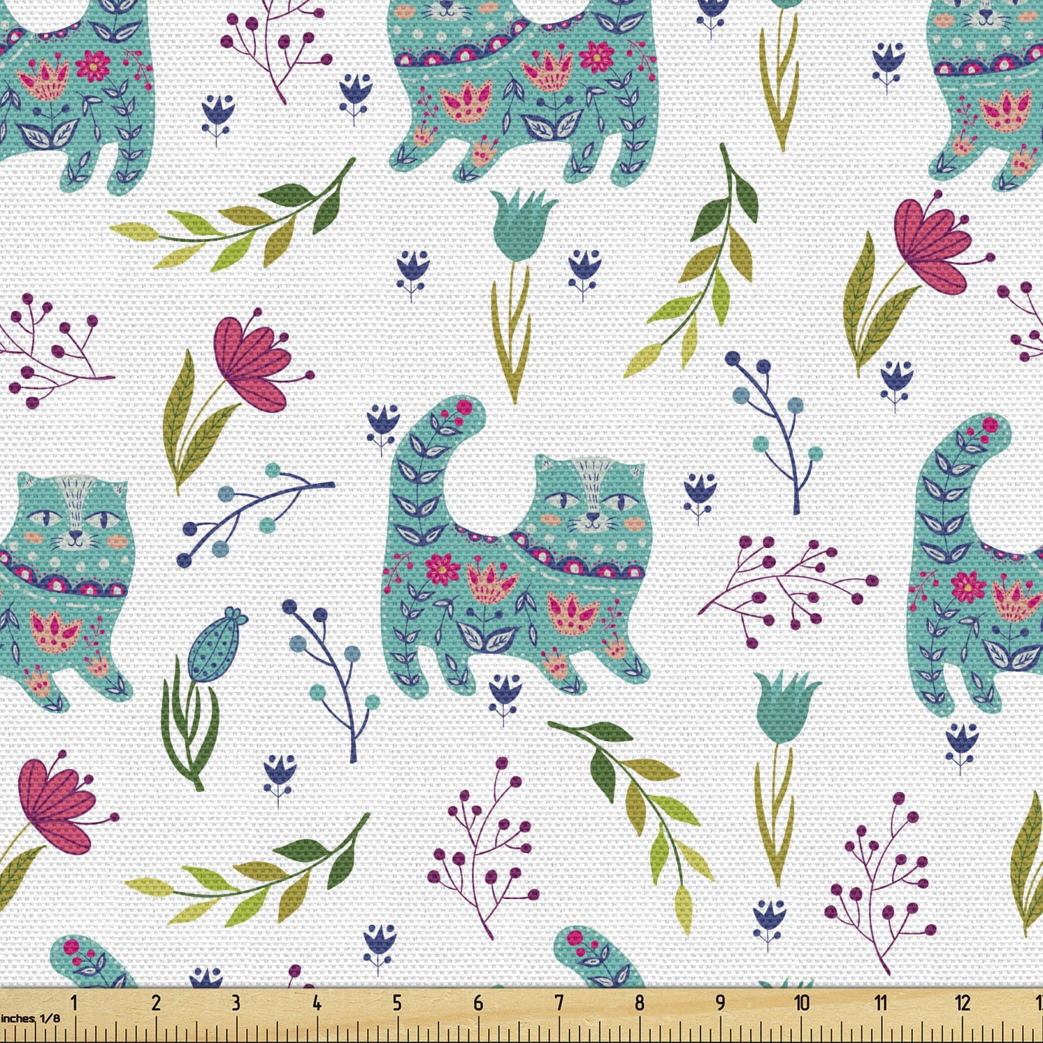 Ambesonne Kittens Fabric by the Yard Upholstery, Folkloric Ornate Happy ...