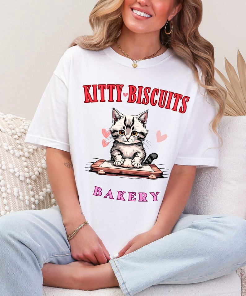 Kitty Biscuits Bakery Shirt | Cat Making Biscuits Graphic Tee Cute Cat ...