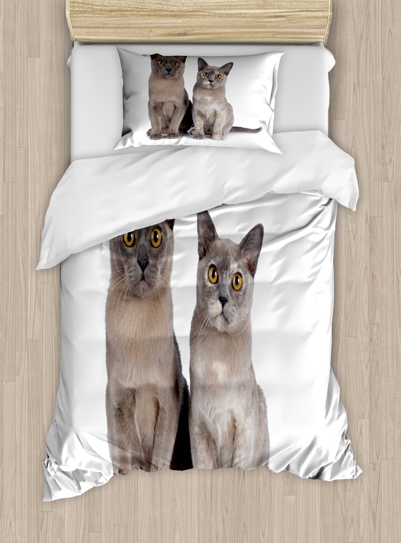 Kitty Duvet Cover Set, Couple Cat Sitting Next to Each Other Staring ...