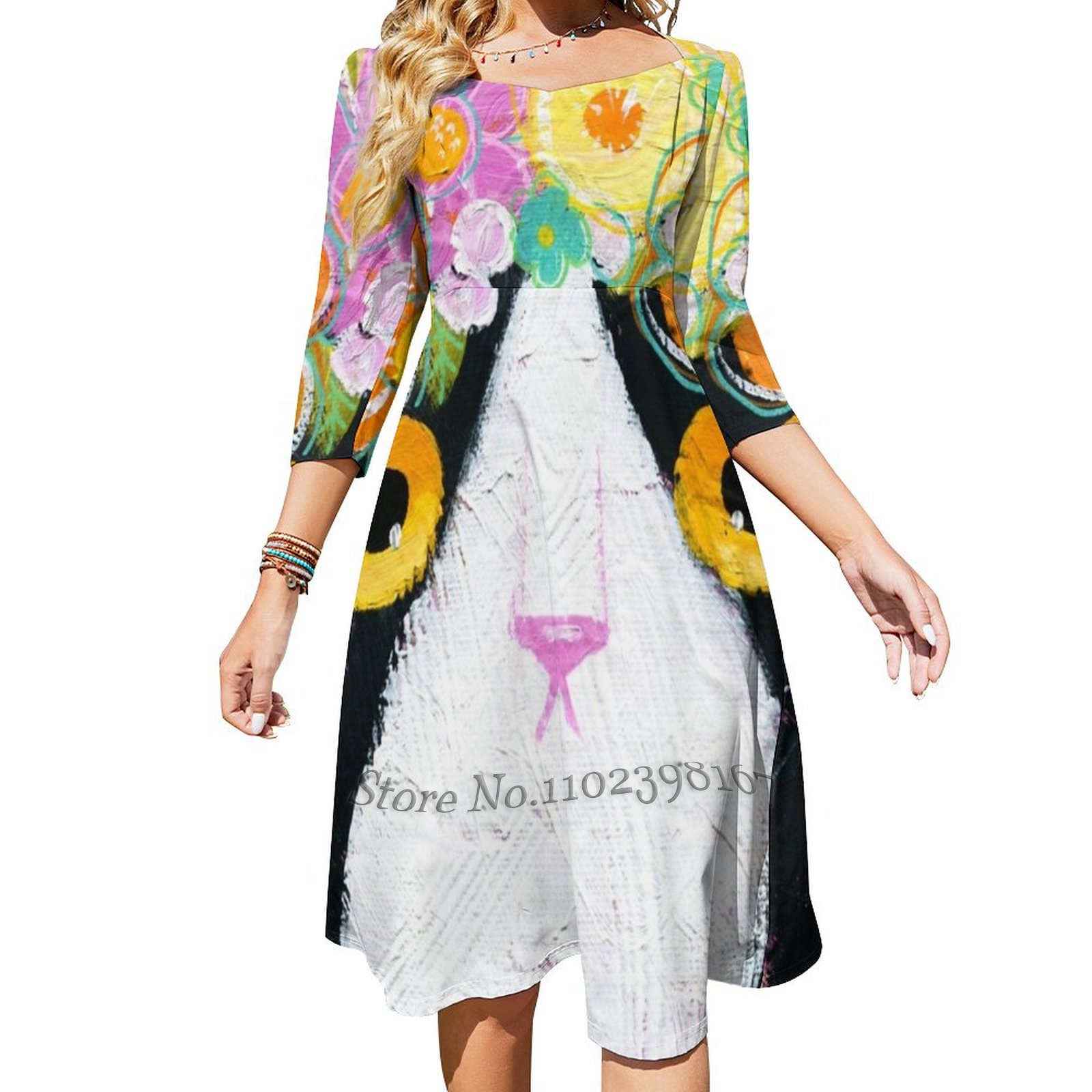 Kitty'S Flower Crown Square Neck Dress Sweet Summer Dress Women Elegant ...