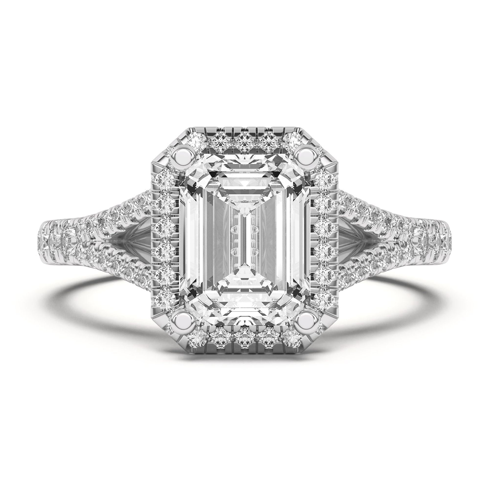 Kiva Jewel Split Shank Halo Moissanite Ring - 14K White Gold Plated 1.88 Ct Emerald Cut ...
