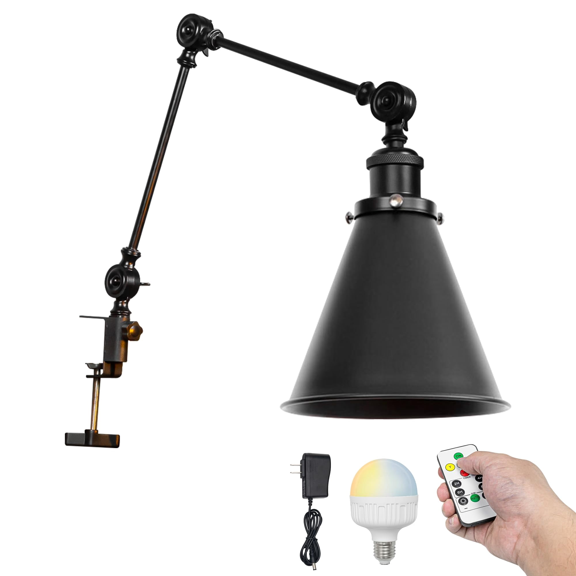 Kiven Battery Operated Clamp Lamp, 1-Light Dimmable Aluminum Nightstand ...