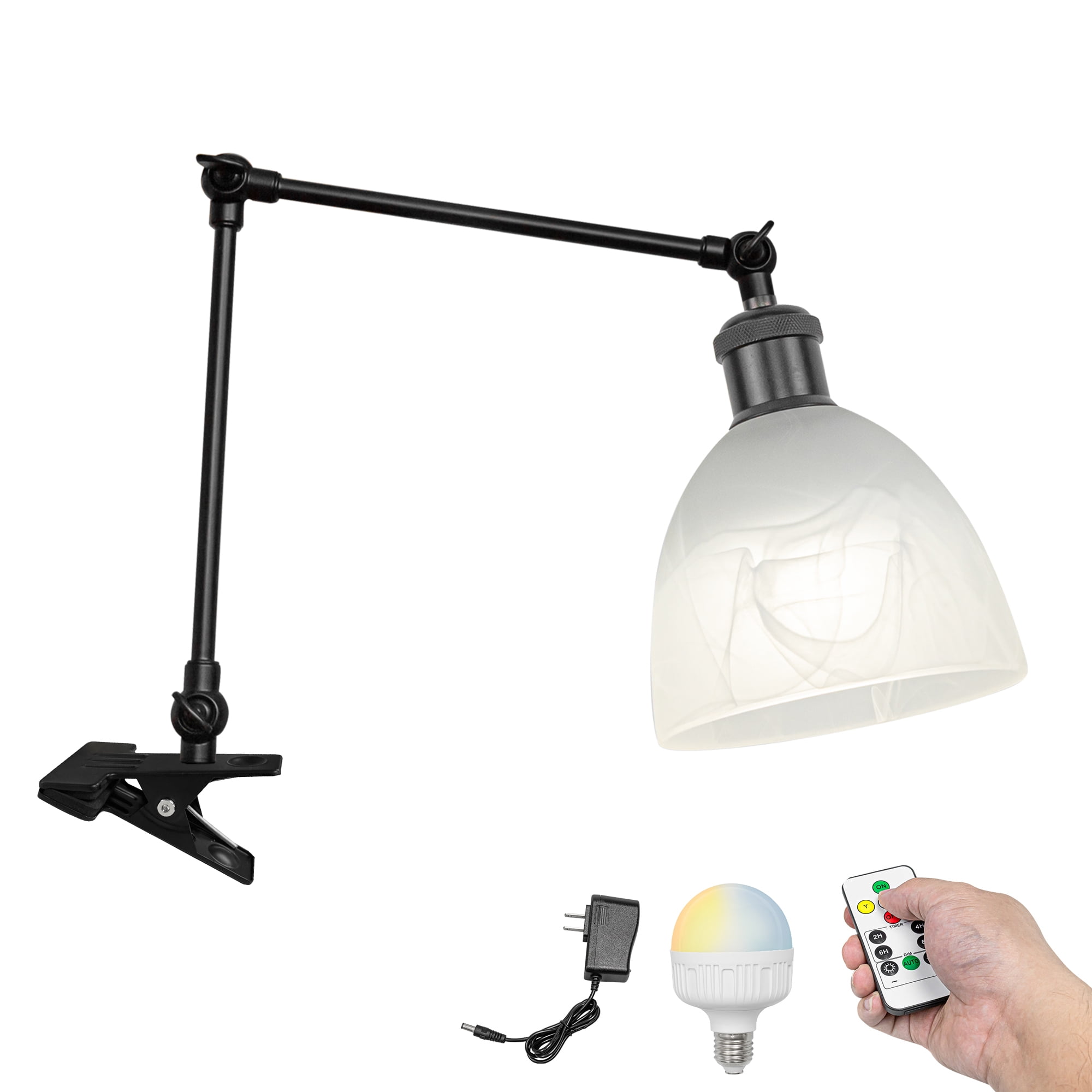 Kiven Battery Operated Clip-on Desk Lamp, 1-Light Glass Dimmable ...