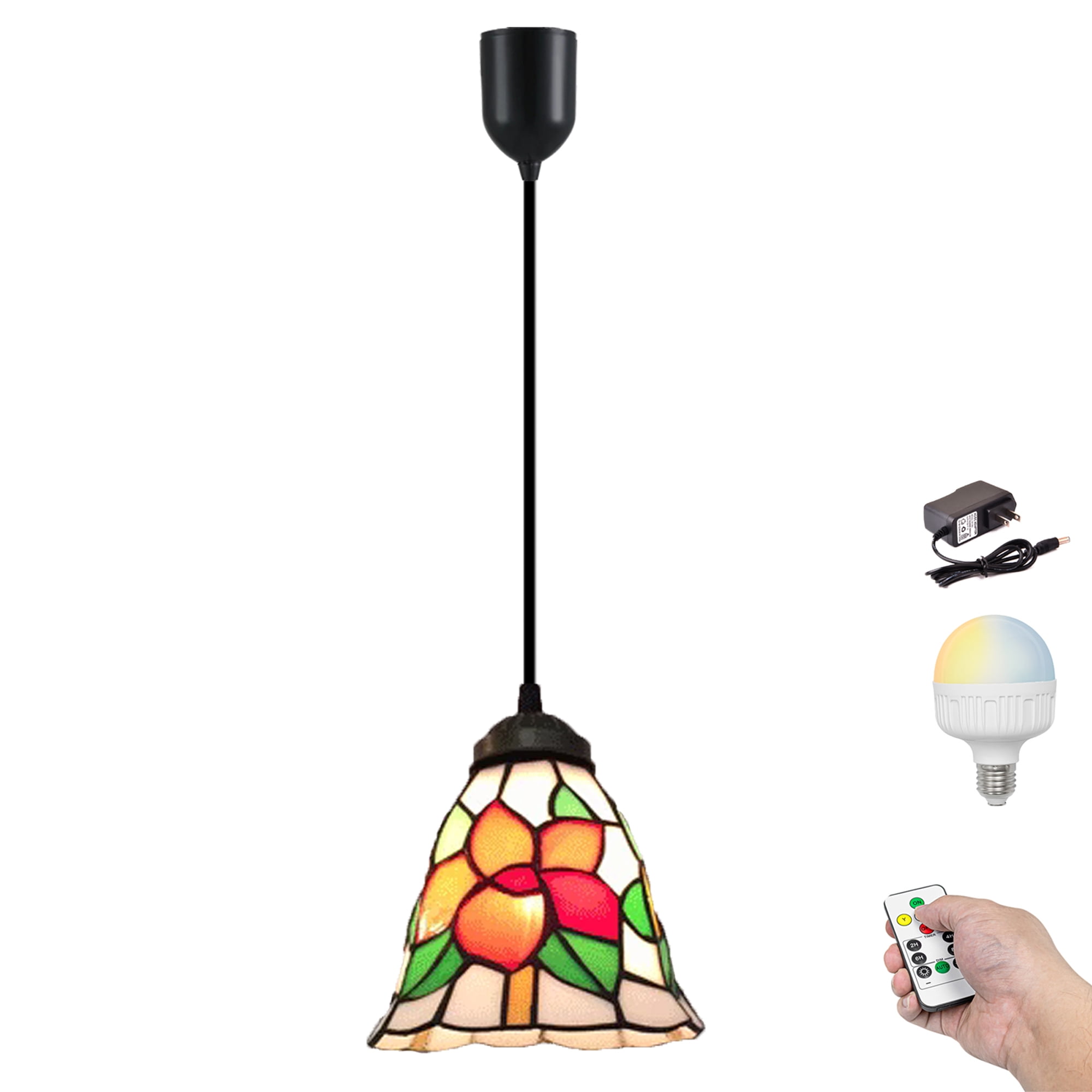 Kiven Battery Operated Tiffany Style Pendant Light with Remote, Timer ...