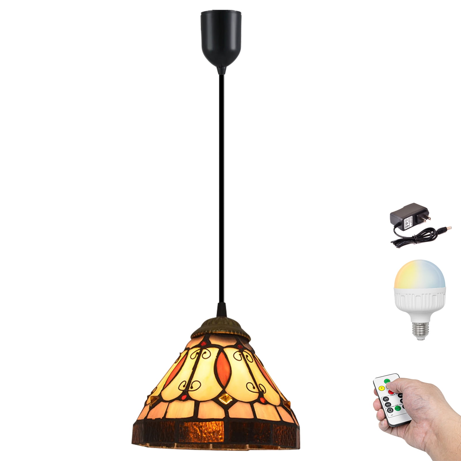 Kiven Battery Operated Tiffany Style Pendant Light with Remote, Timer ...