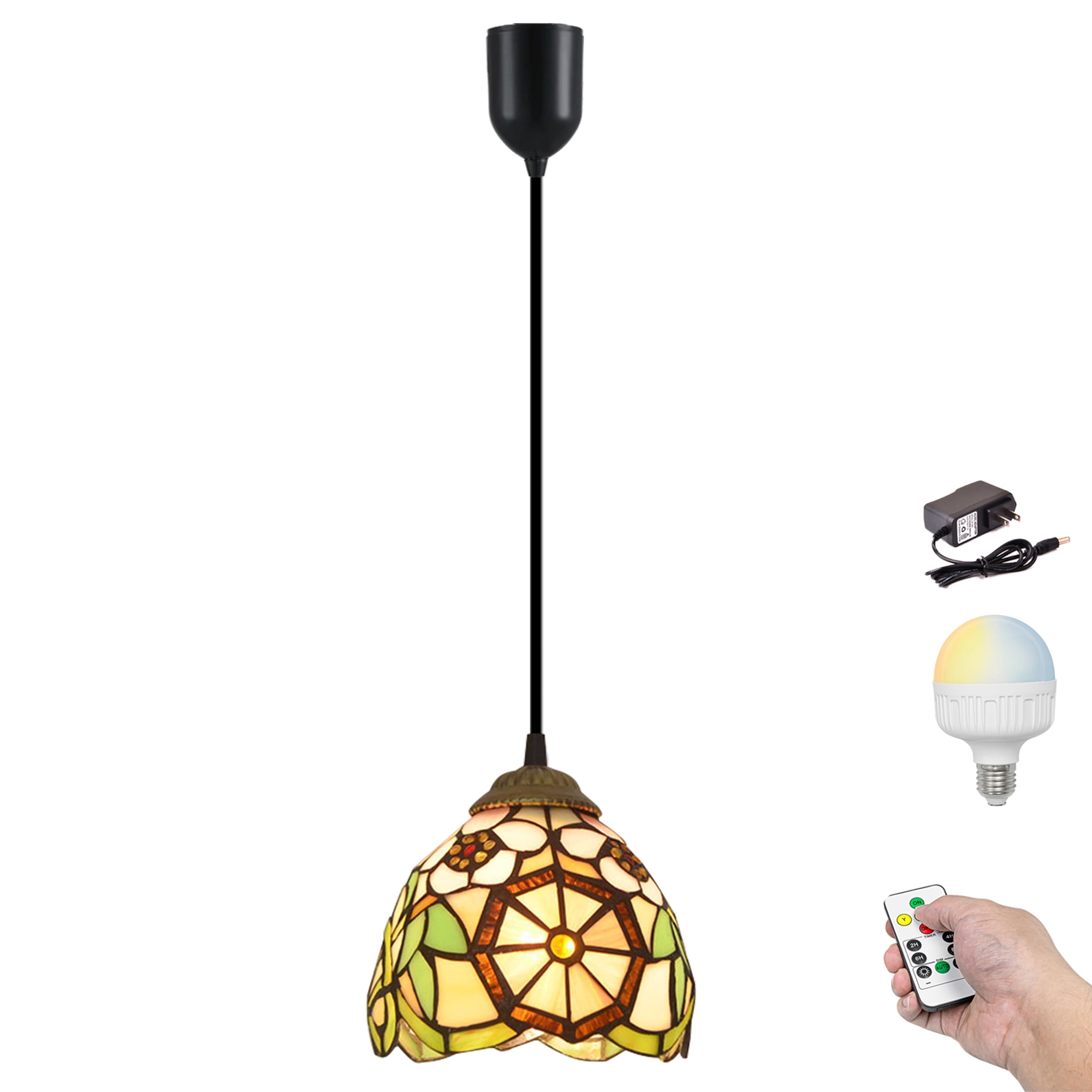 Kiven Battery Operated Tiffany Style Pendant Light with Remote, Timer ...