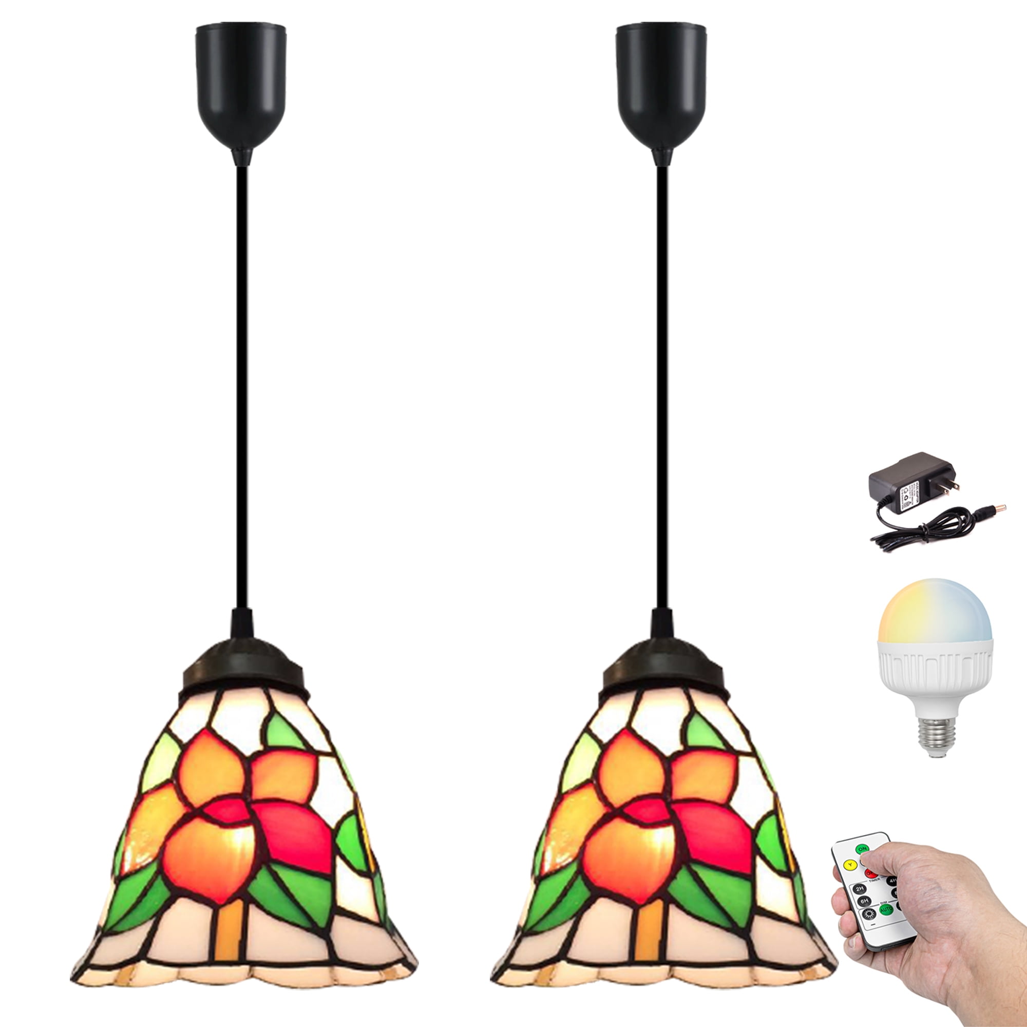 Kiven Battery Operated Tiffany Style Pendant Light with Remote, Timer ...