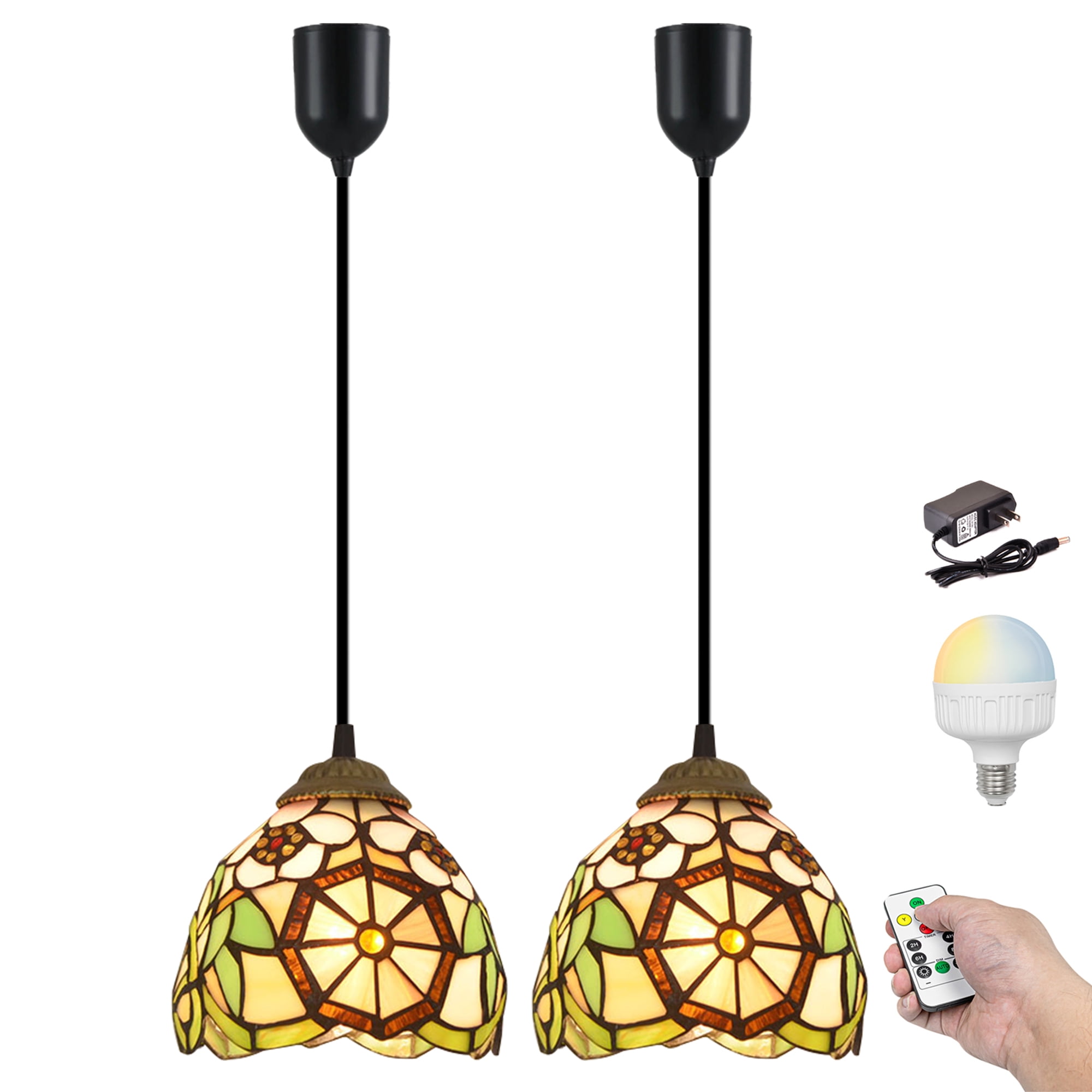 Kiven Battery Operated Tiffany Style Pendant Light with Remote, Timer ...