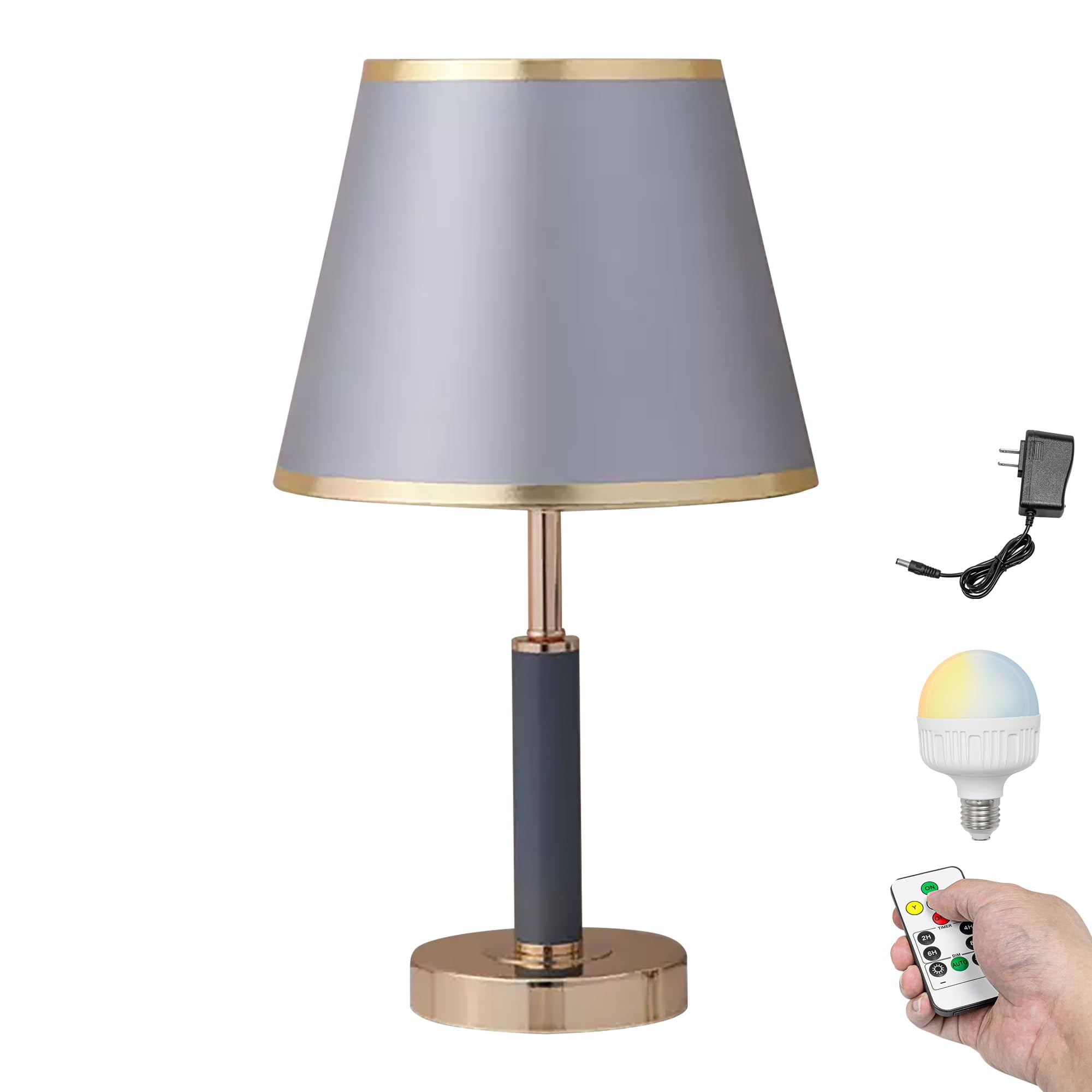 Kiven Cordless Table Lamp, Dimmable LED Desk Lamp with Gray Fabric Drum ...