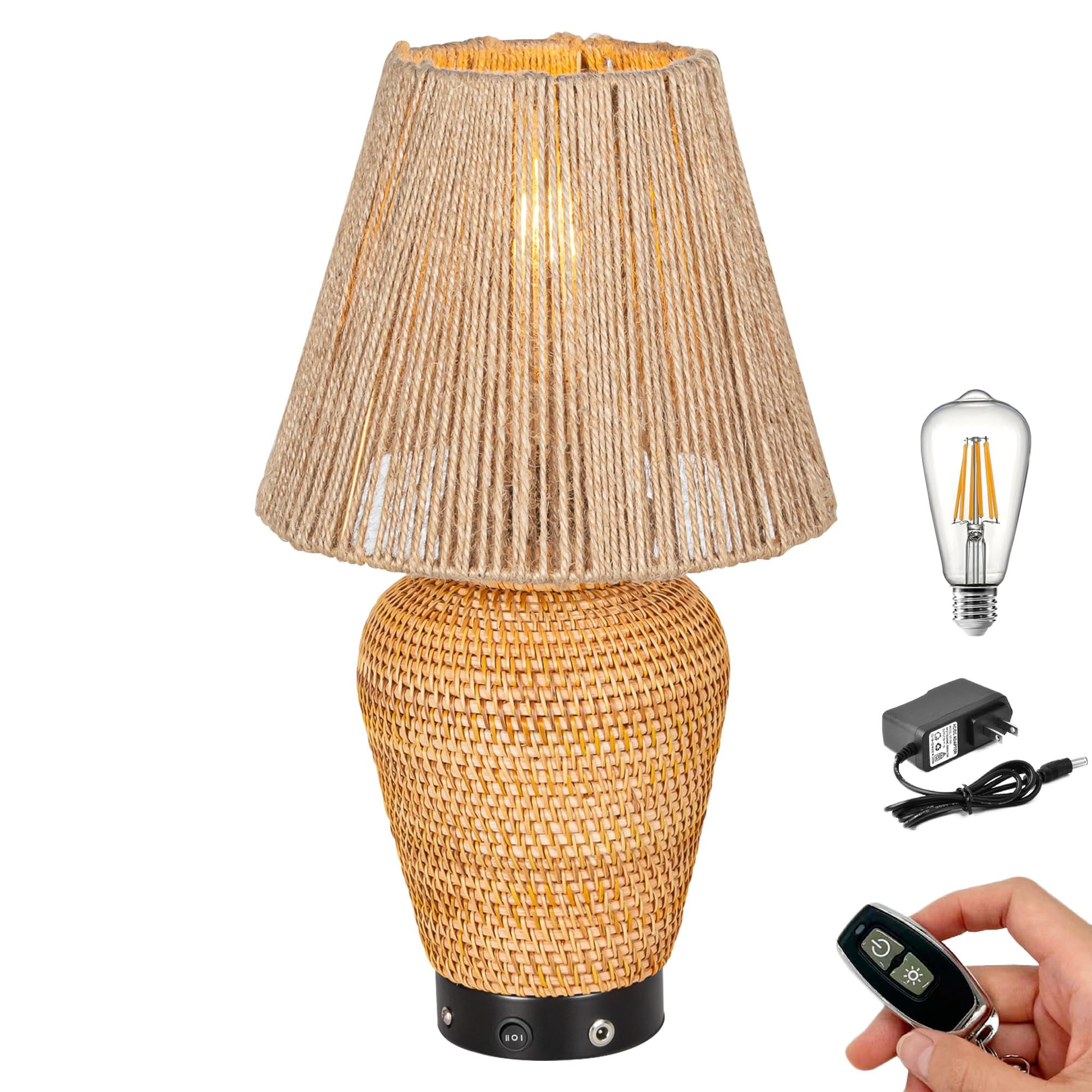 Kiven Cordless Table Lamp,Rattan Dimmable Rustic Farmhouse Bedside Desk ...
