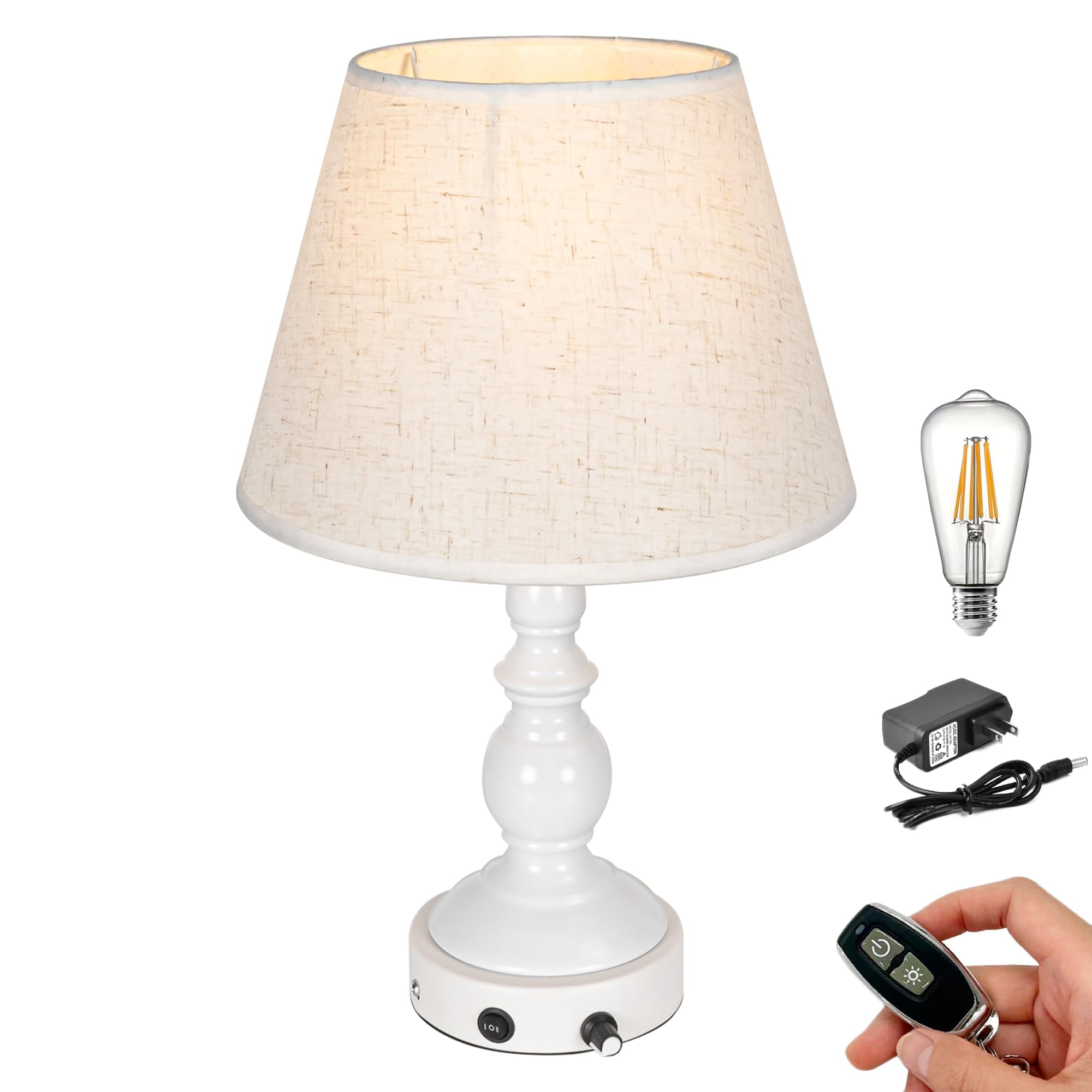Kiven Cordless Table Lamp,White Dimmable Rustic Farmhouse Bedside Desk Lamps with Fabric ...