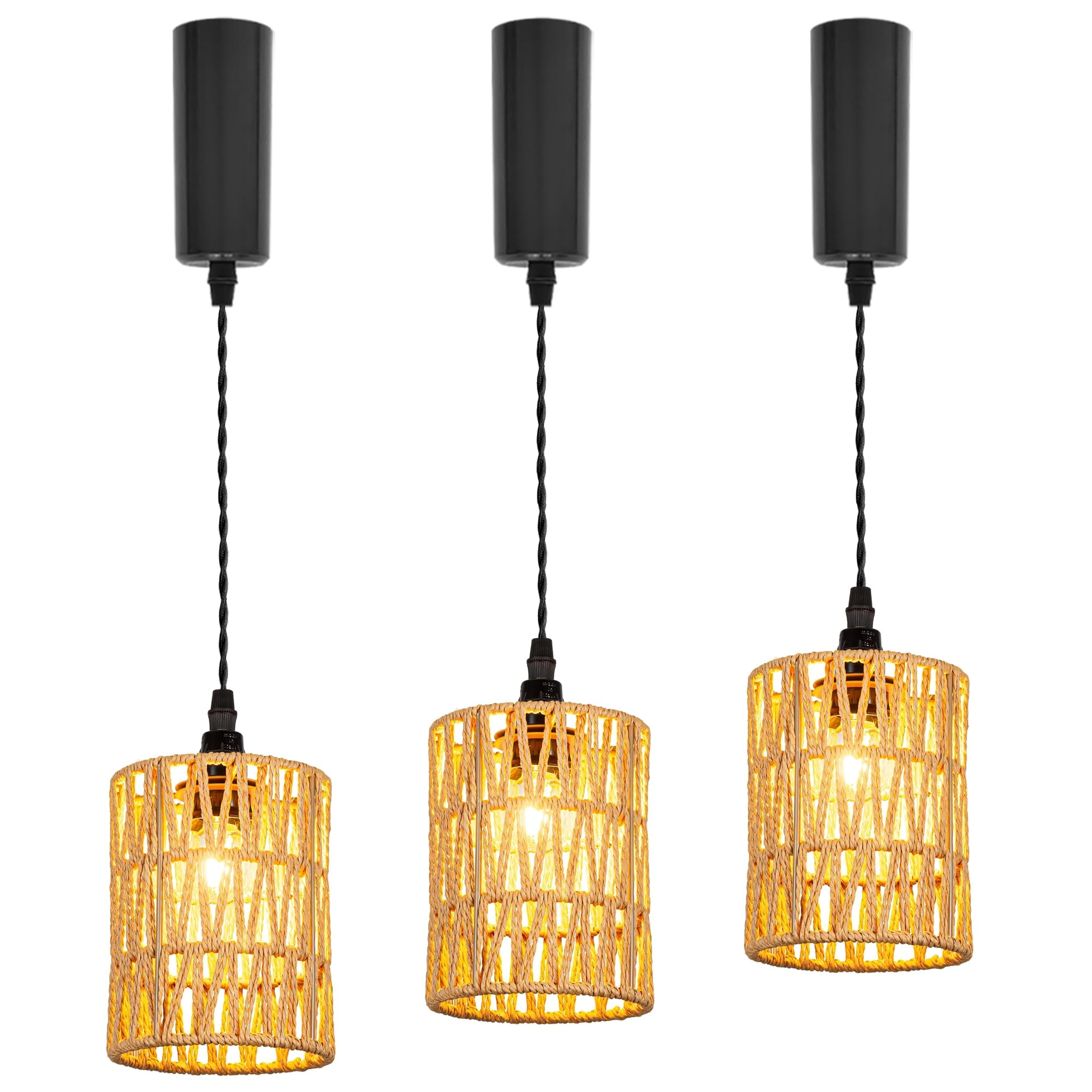 Kiven H-Type Track Lighting Pendants, 3-Light h Track Pendant Lights with Twine Lampshade, H ...