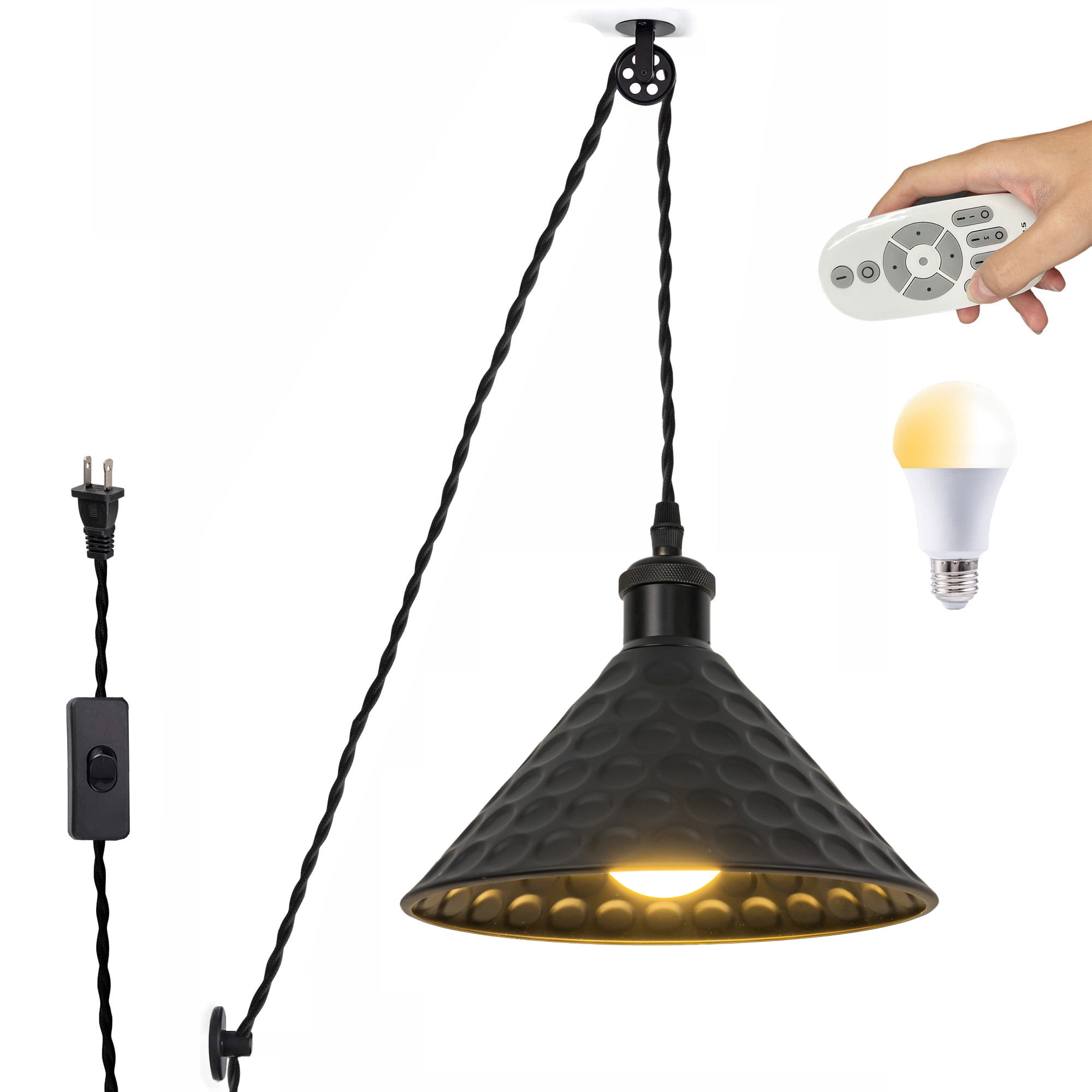 Kiven Plug in Iron Pendant Light, Industrial Pulley Hanging Light with ...