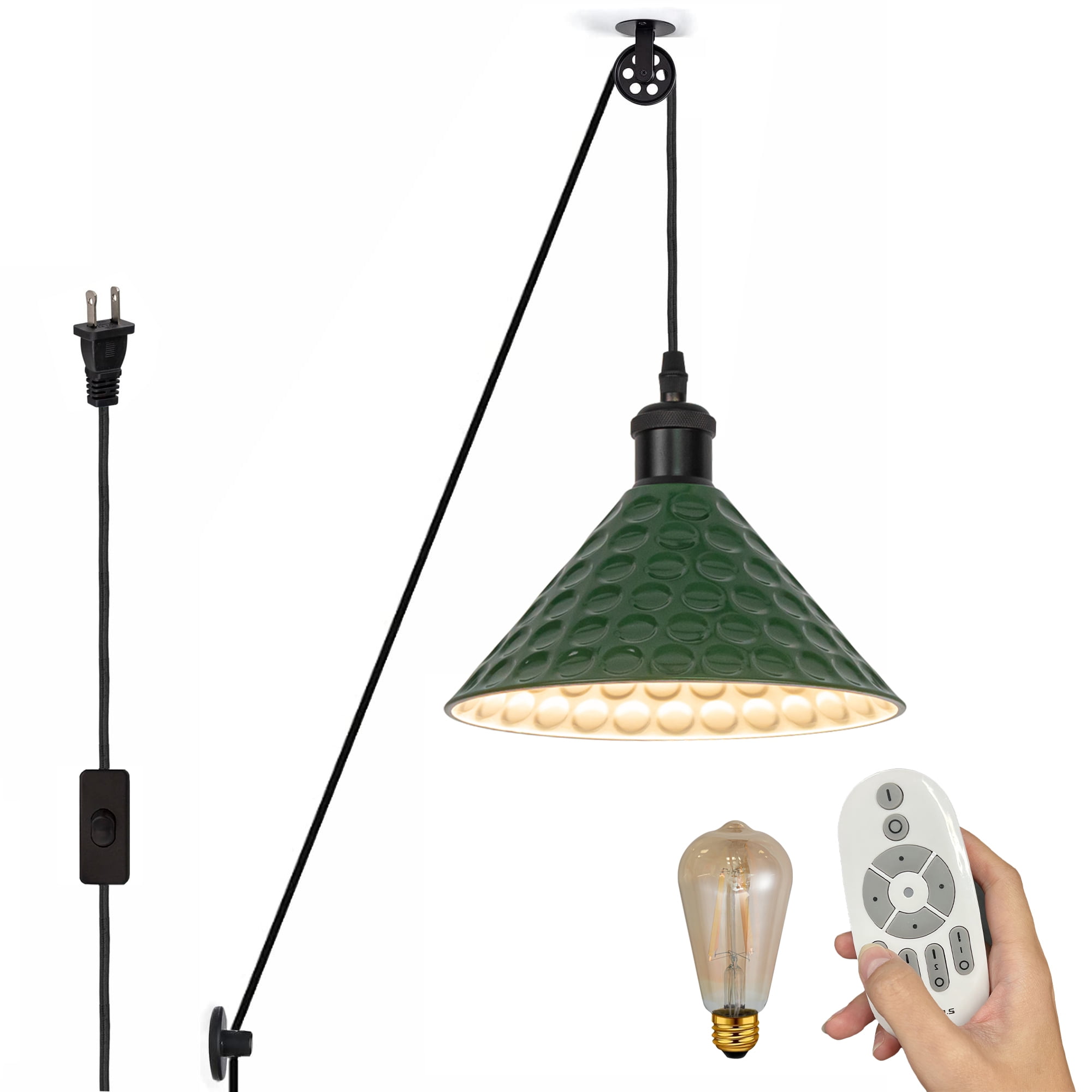 Kiven Plug in Iron Pendant Light, Modern Green Pulley Hanging Light ...