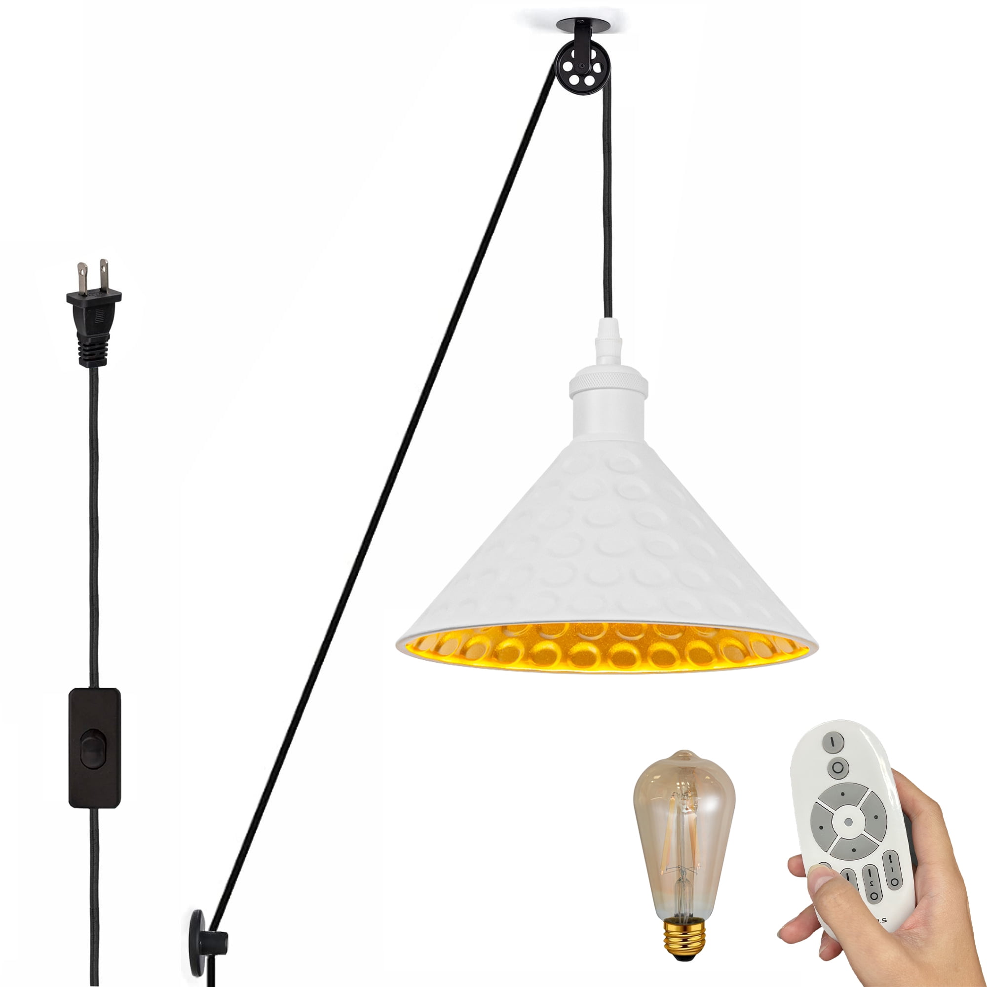 Kiven Plug in Iron Pendant Light, Modern White Pulley Hanging Light ...