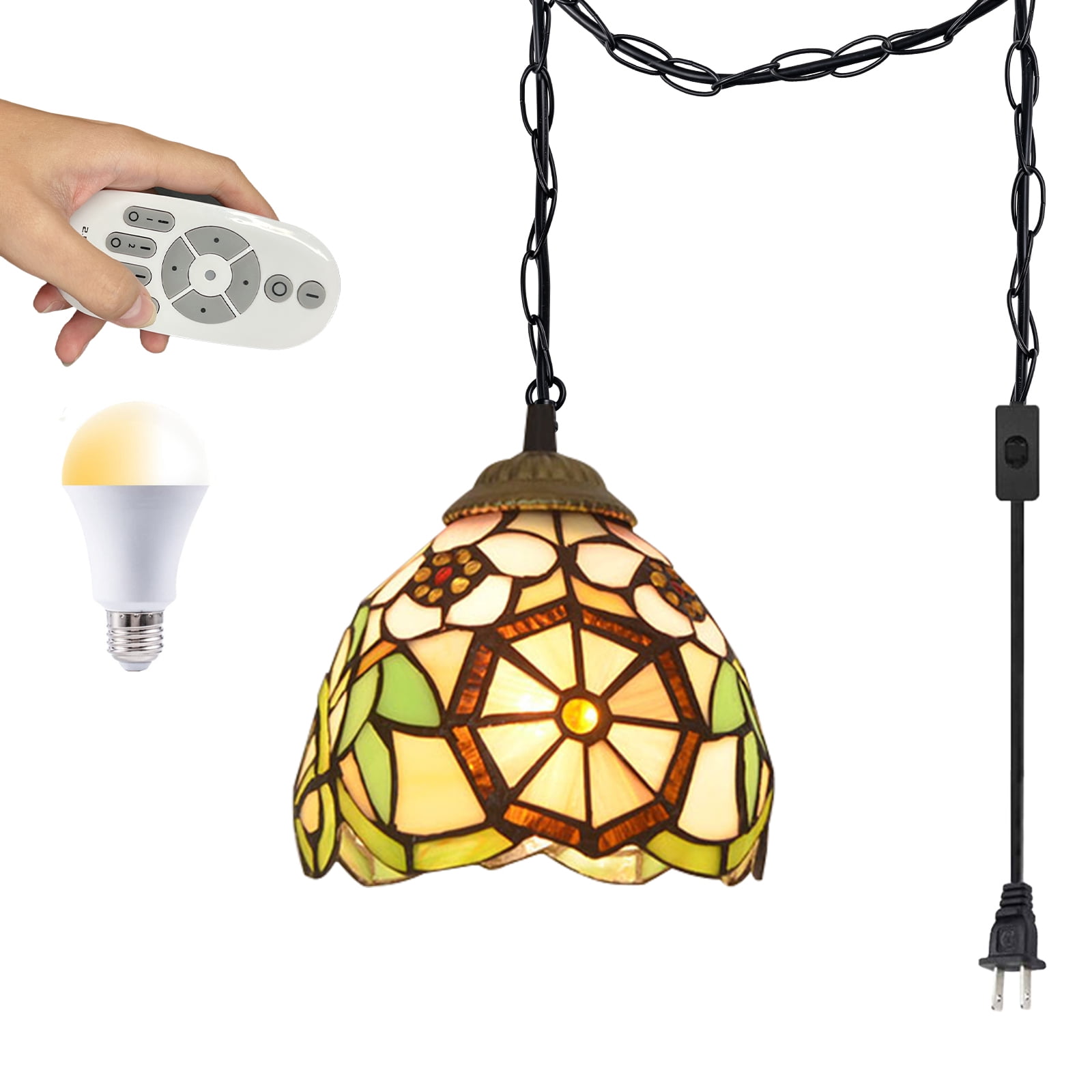 Kiven Plug in Iron Pendant Light, Tiffany Hanging Light with Remote ...